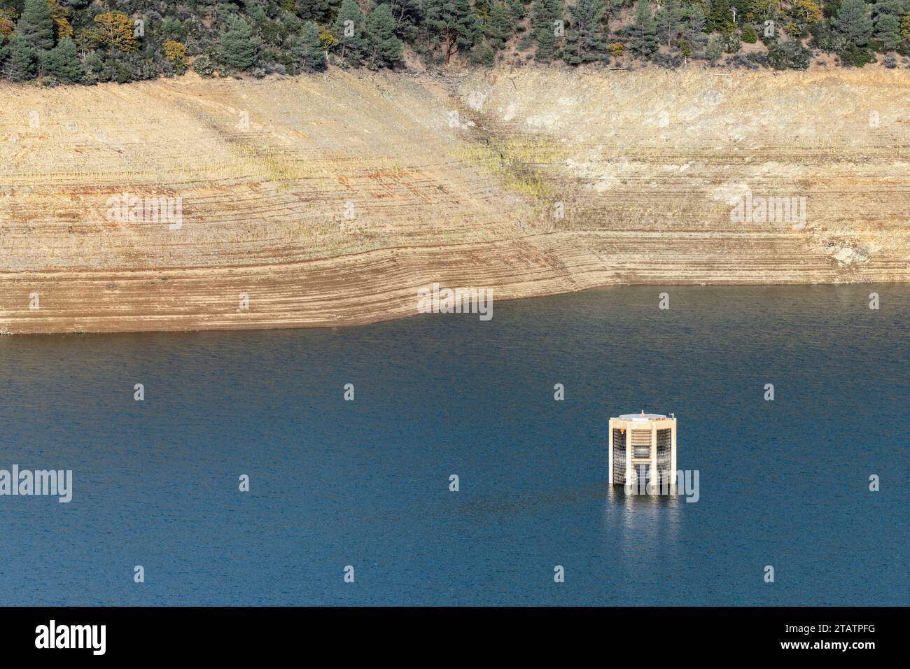 The intake tower of the Trinity Dam near Weaverville in California, USA ...