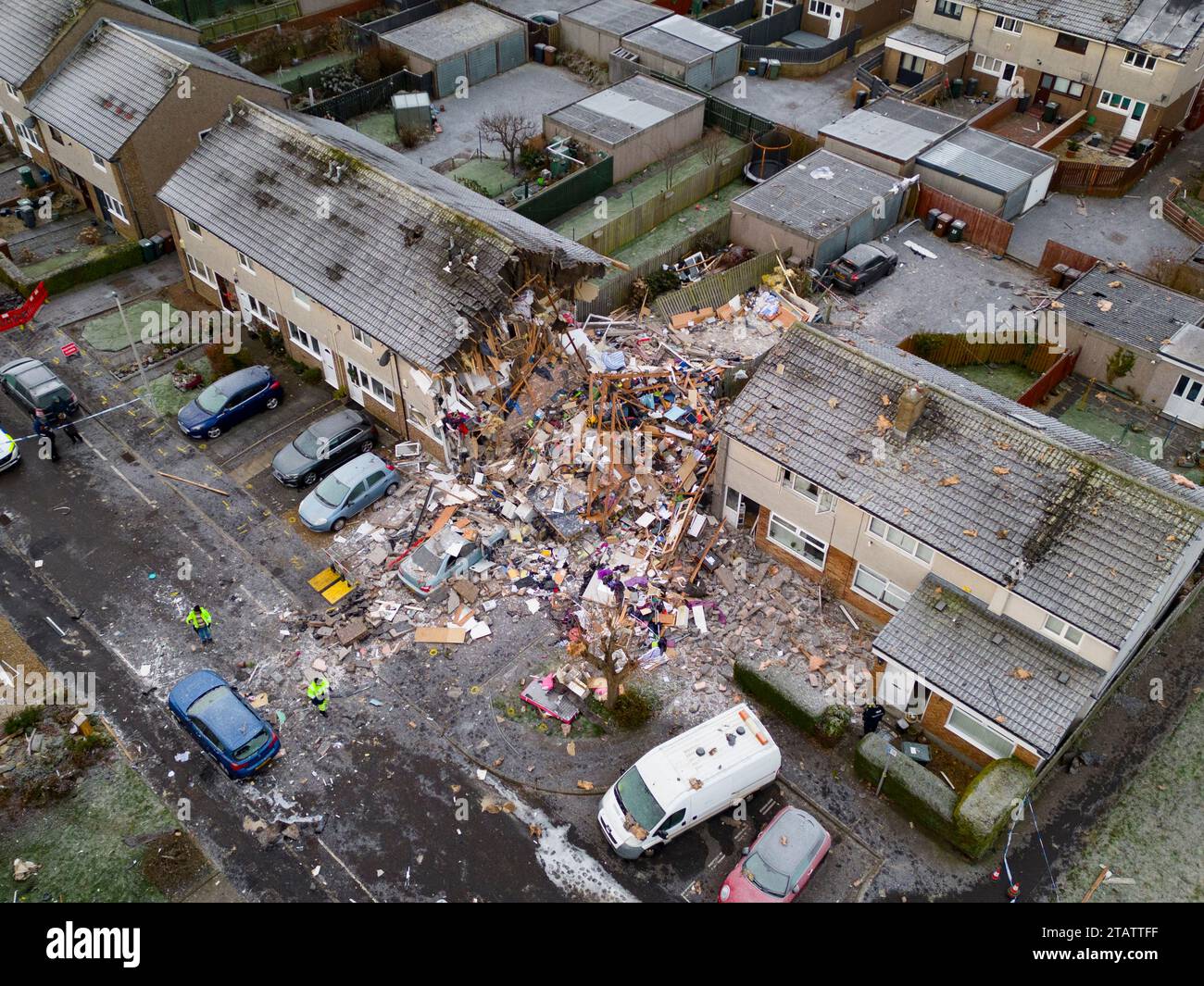 Aerial views of aftermath of fatal gas explosion at house in Baberton ...