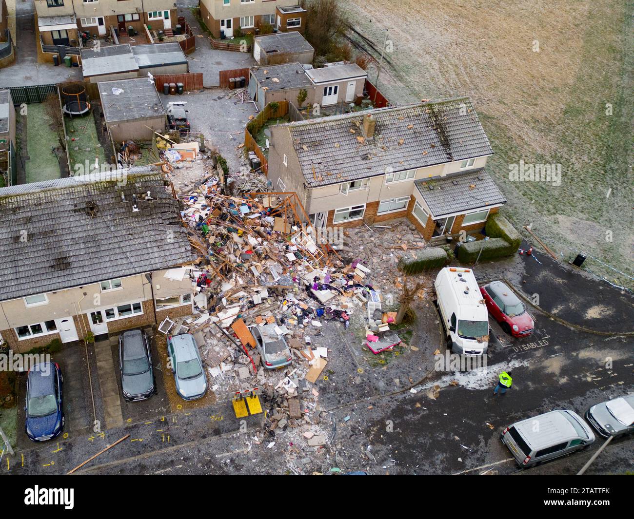 Aerial views of aftermath of fatal gas explosion at house in Baberton ...