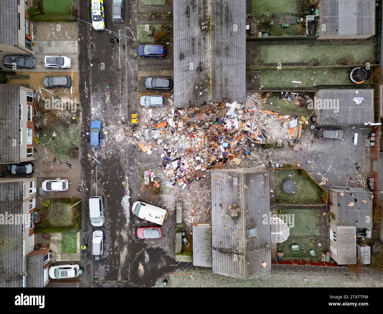 Aerial views of aftermath of fatal gas explosion at house in Baberton ...