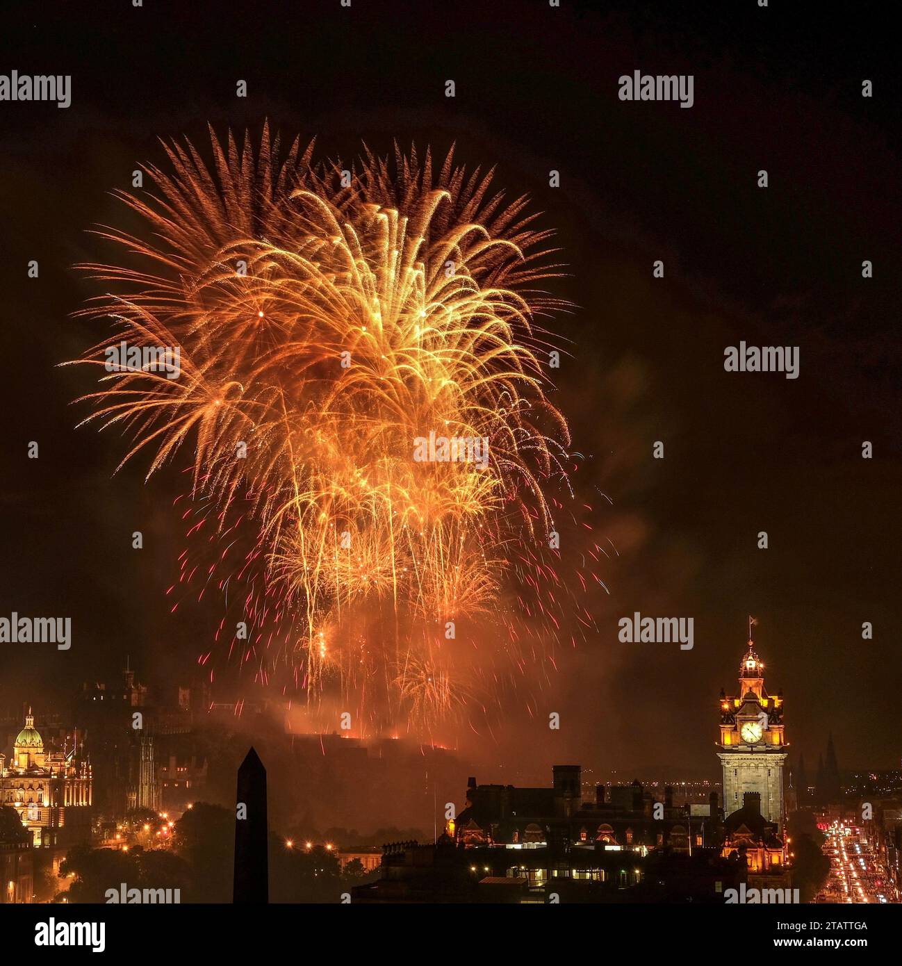 Fireworks over Edinburgh Castle with view of the city. Finale of ...