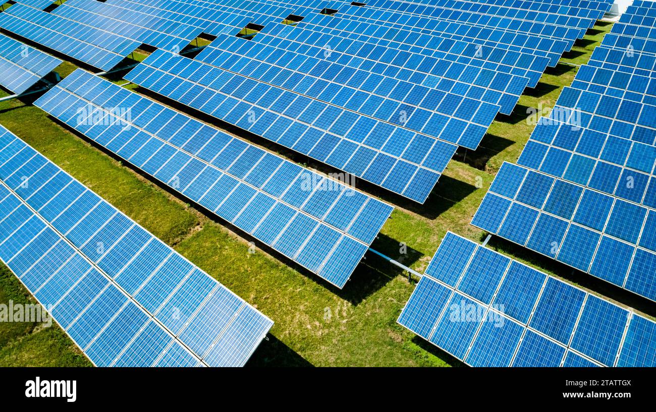 Aerial view of Solar Panels Farm Solar Cell Station. Production of ...