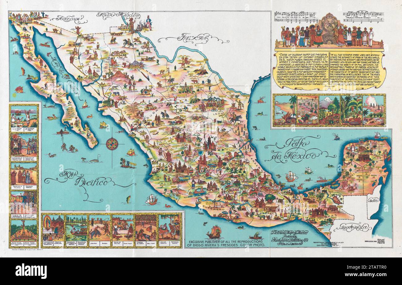 Colorful pictorial map of Mexico, 1930's, drawn by Miguel Gomez Medina ...