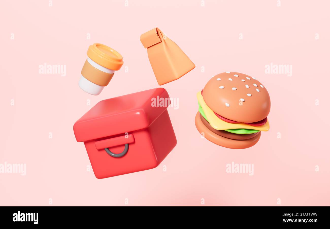 Cartoon takeout box and food, 3d rendering. 3d illustration Stock Photo ...