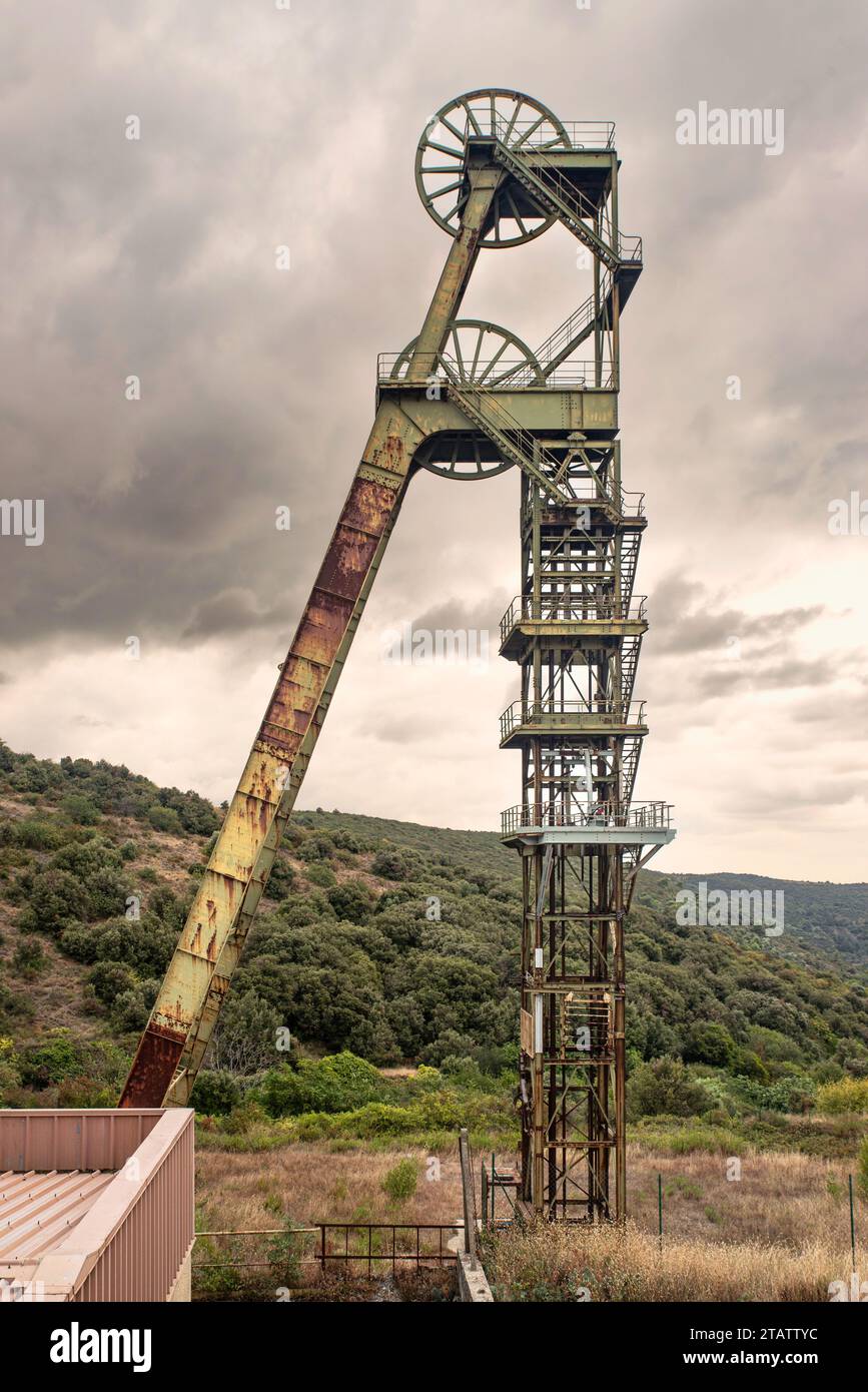 Headframe of an old gold mine in the town of Salsigne in France Stock ...
