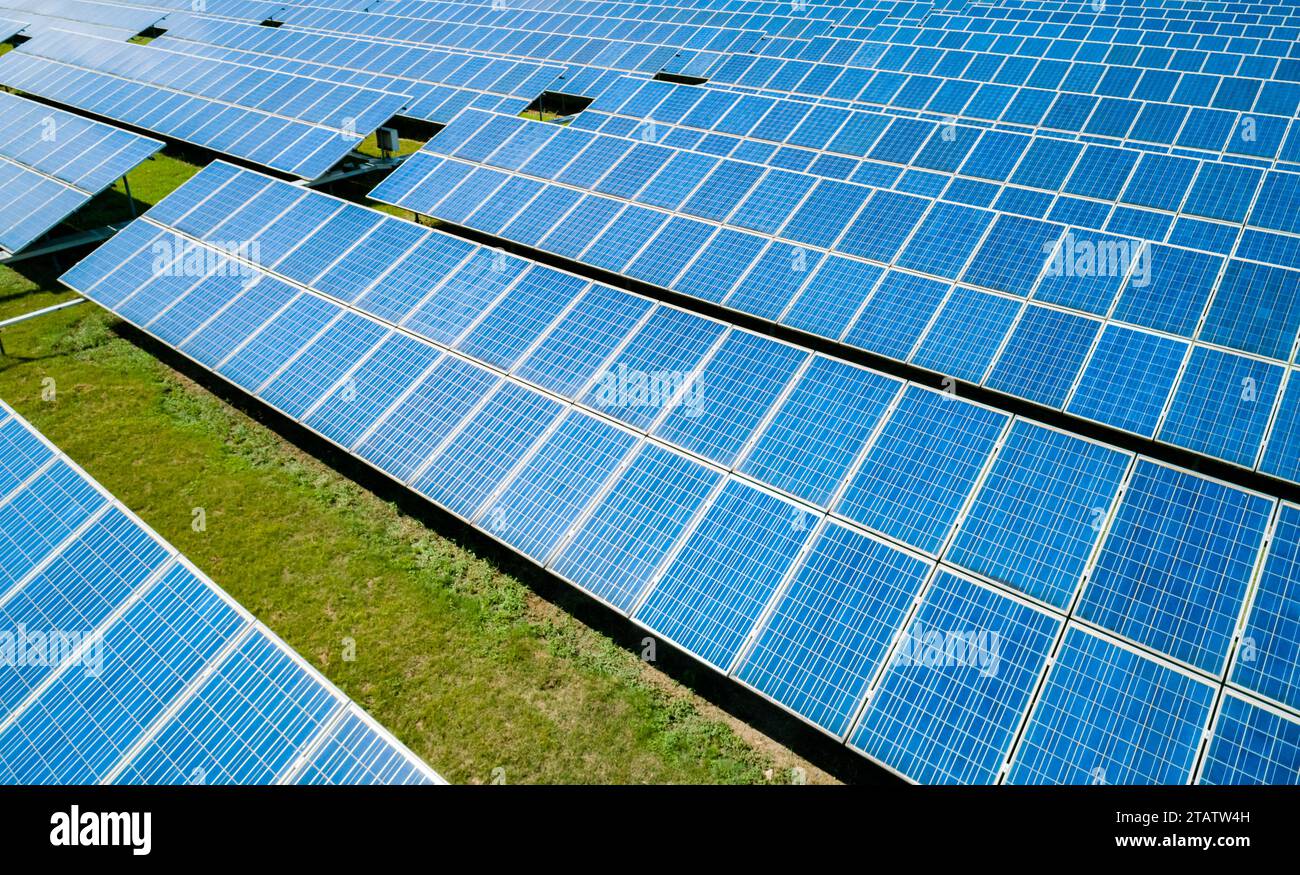 Aerial view of Solar Panels Farm Solar Cell Station. Production of ...