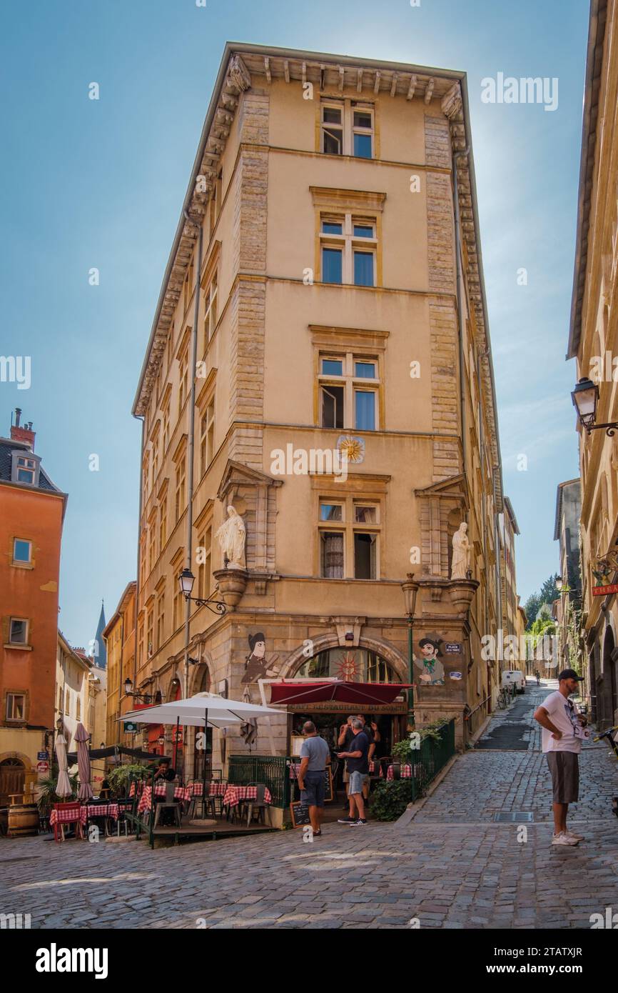 View on the facade of an old medieval house on "Place de la Trinité" a ...