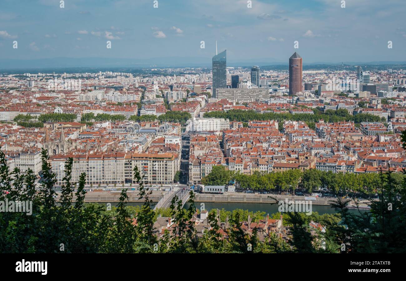 View from the Fourviere hill on the skyline of the city of Lyon with ...