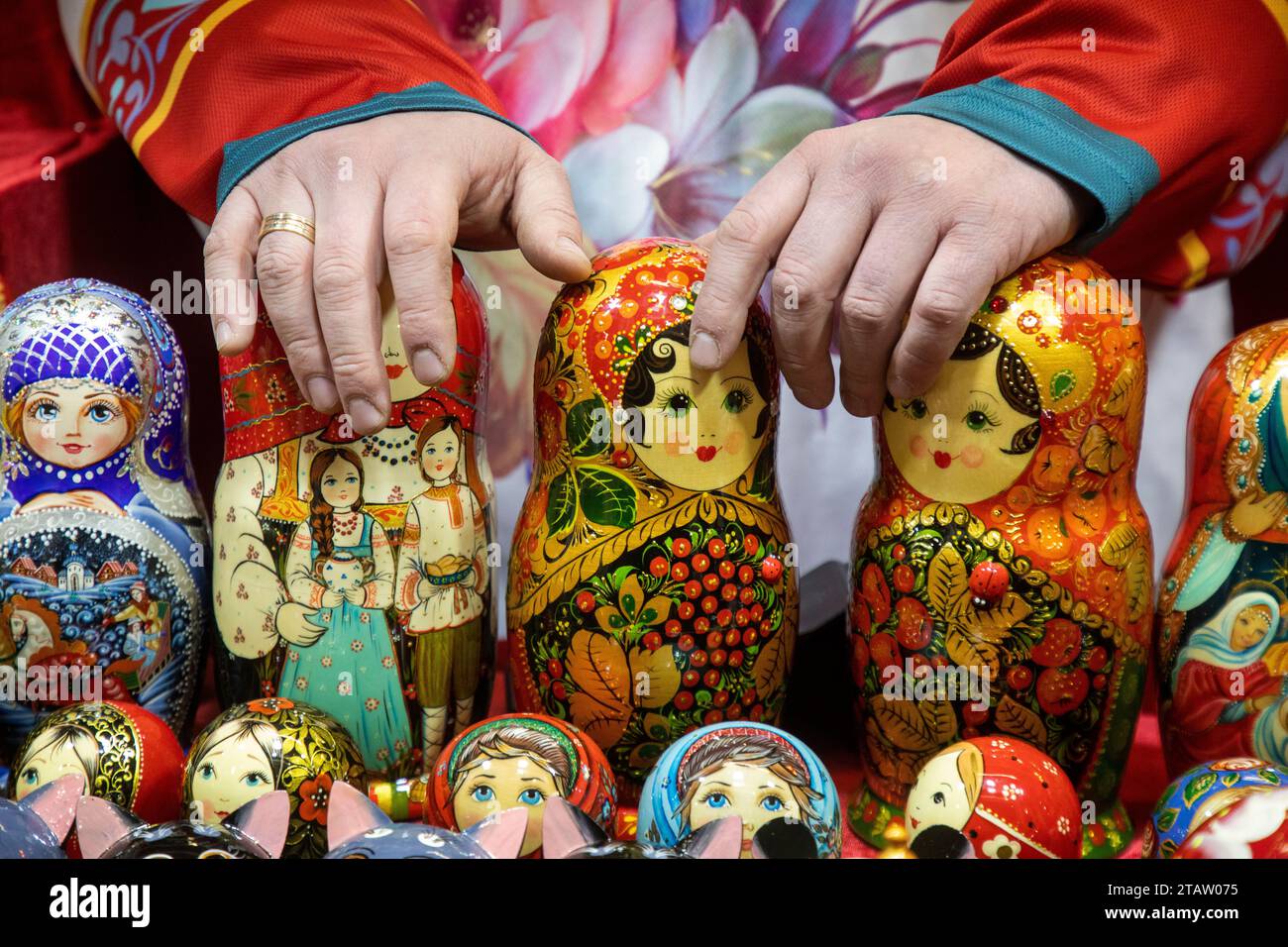 Russian Matreshka dolls in the range on the counter of a souvenir shop on Red Square in Moscow ...