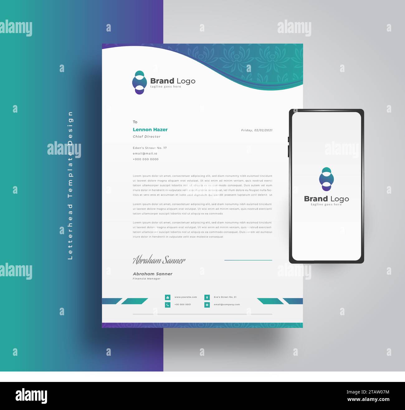 Modern Business Letterhead Template Design in Blue and Green Gradient ...