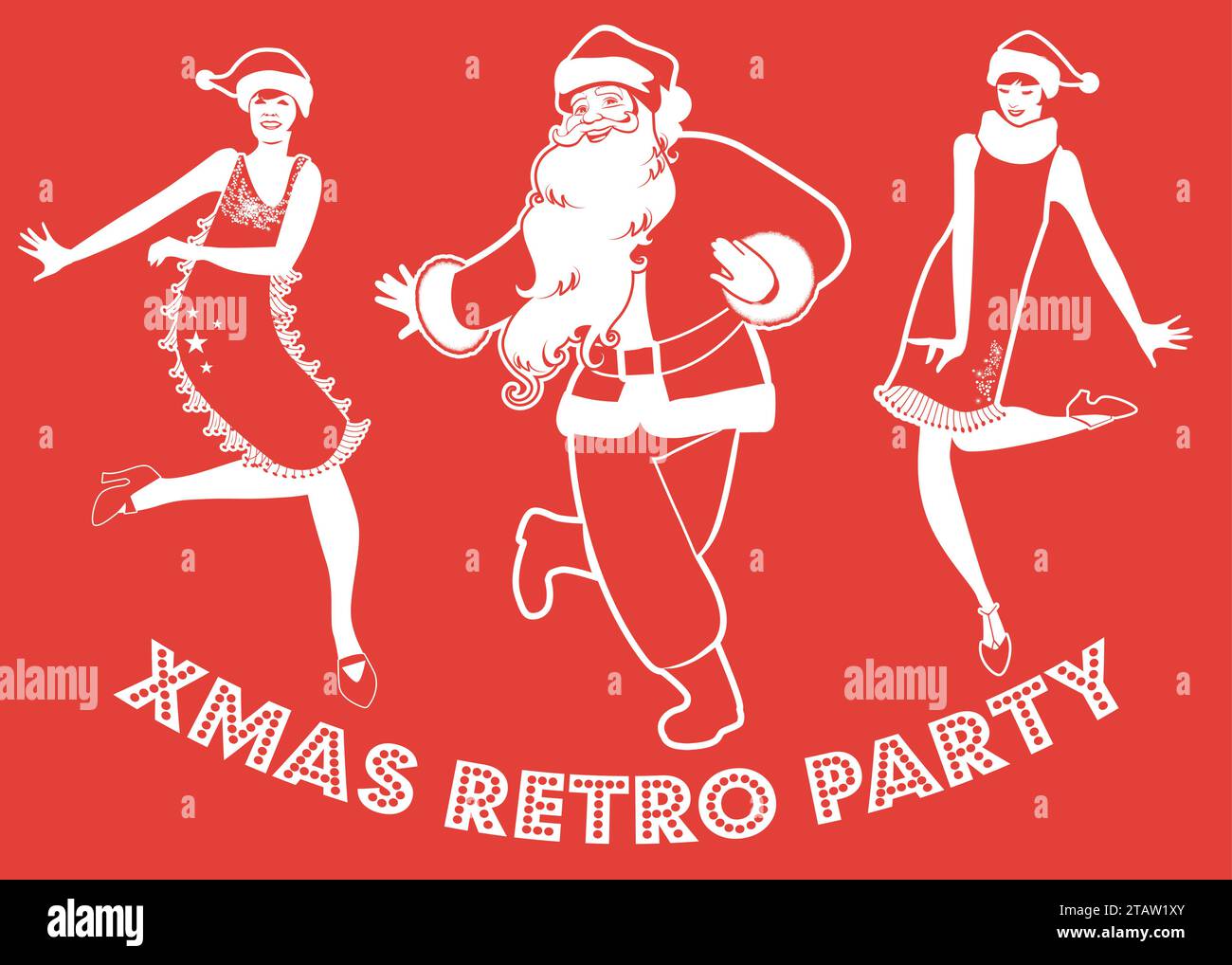 Christmas Party. Retro illustration of Santa Claus and two flapper ...