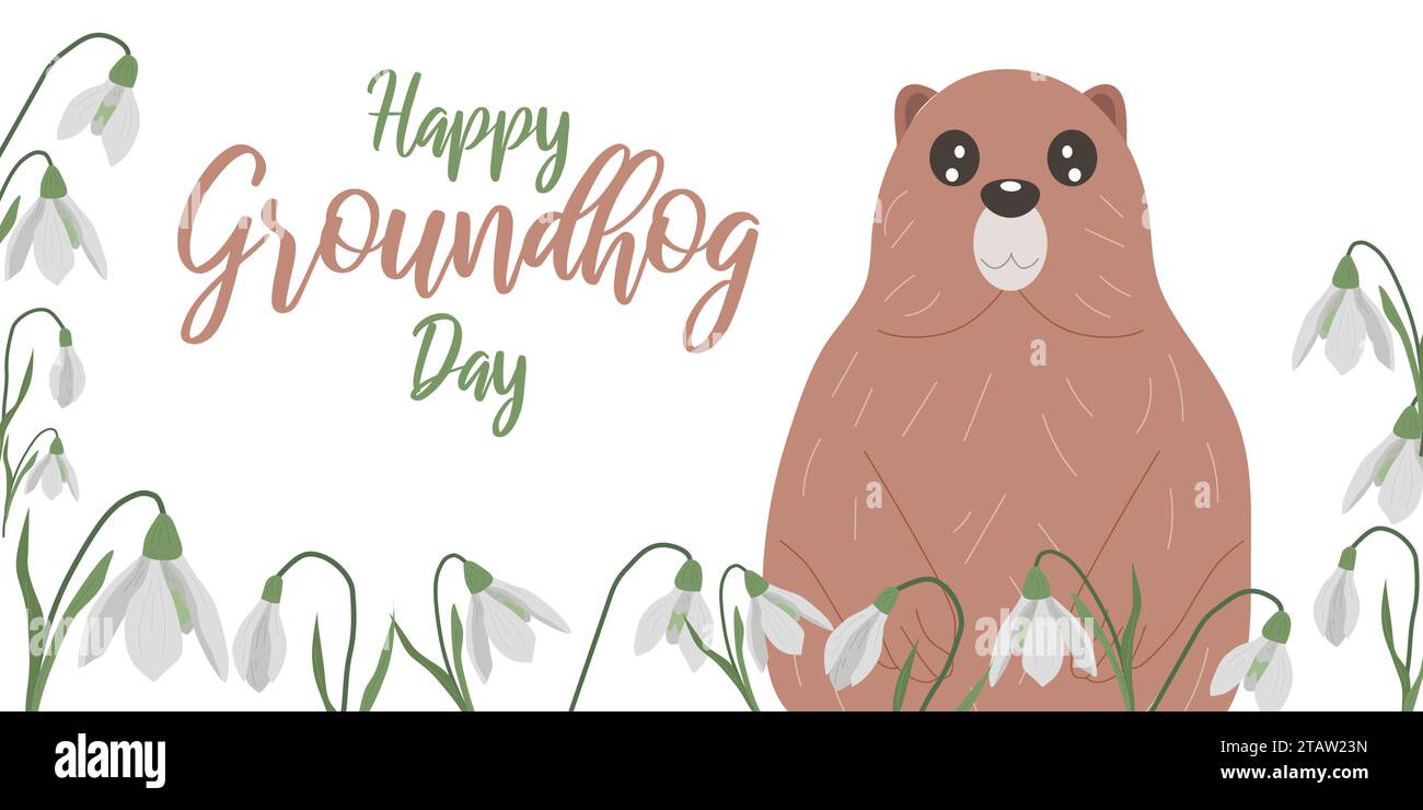 Happy Groundhog Day February 2. Holiday concept. Frame of snowdrops ...