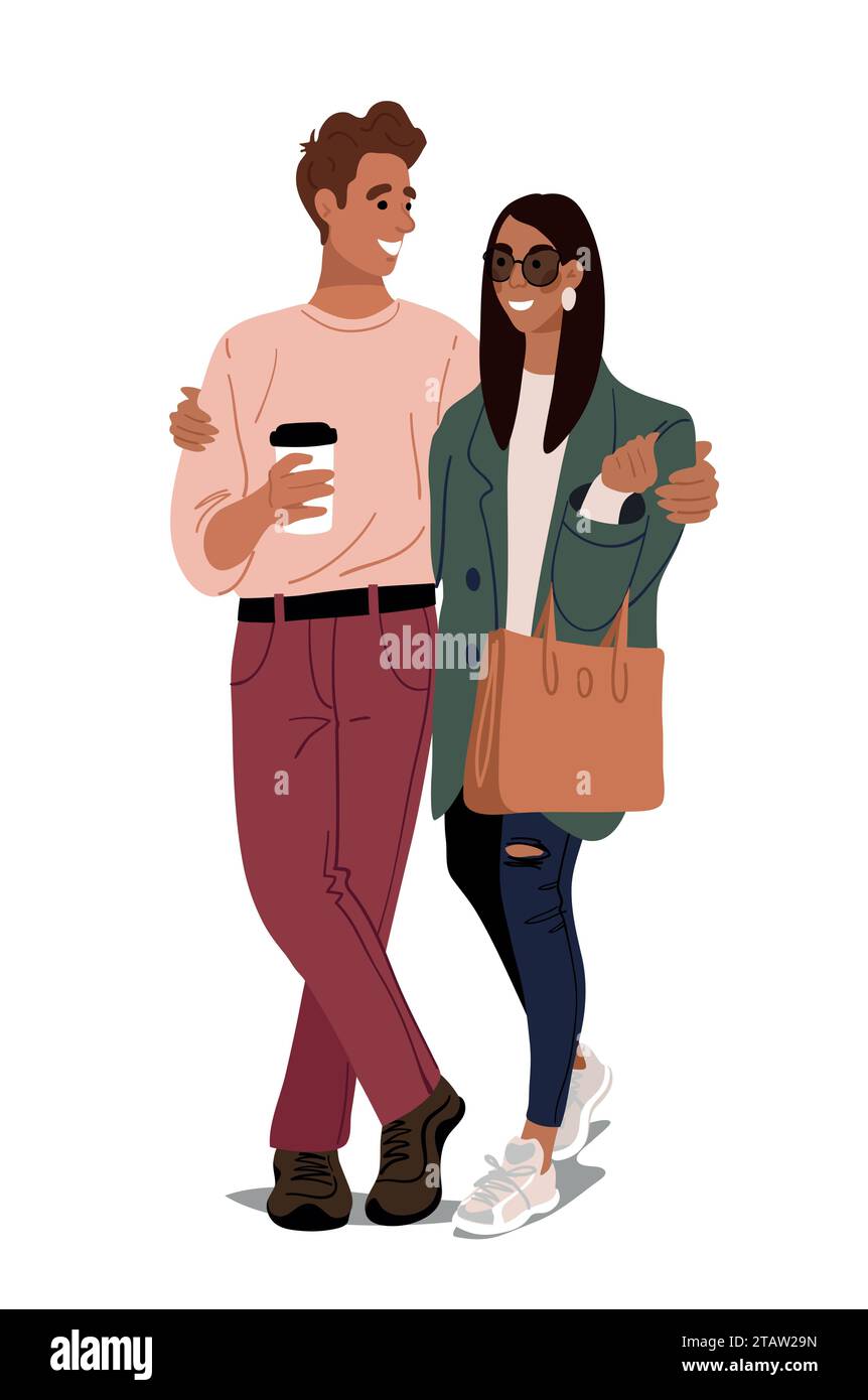 Modern couple of friends on a walk, stylish man and woman hugging. Flat ...