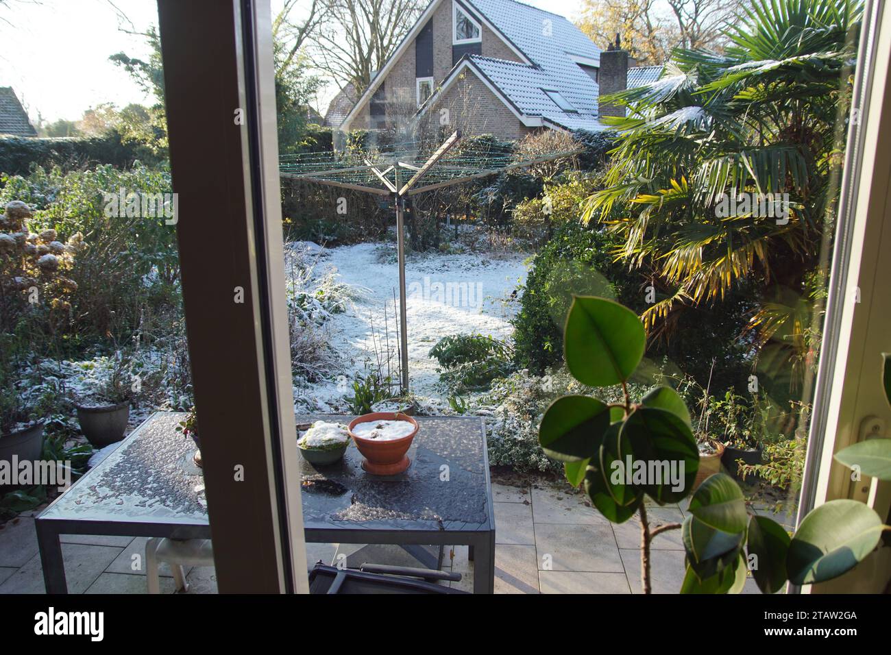 View through the sliding doors of a Dutch garden in winter. Snow ...