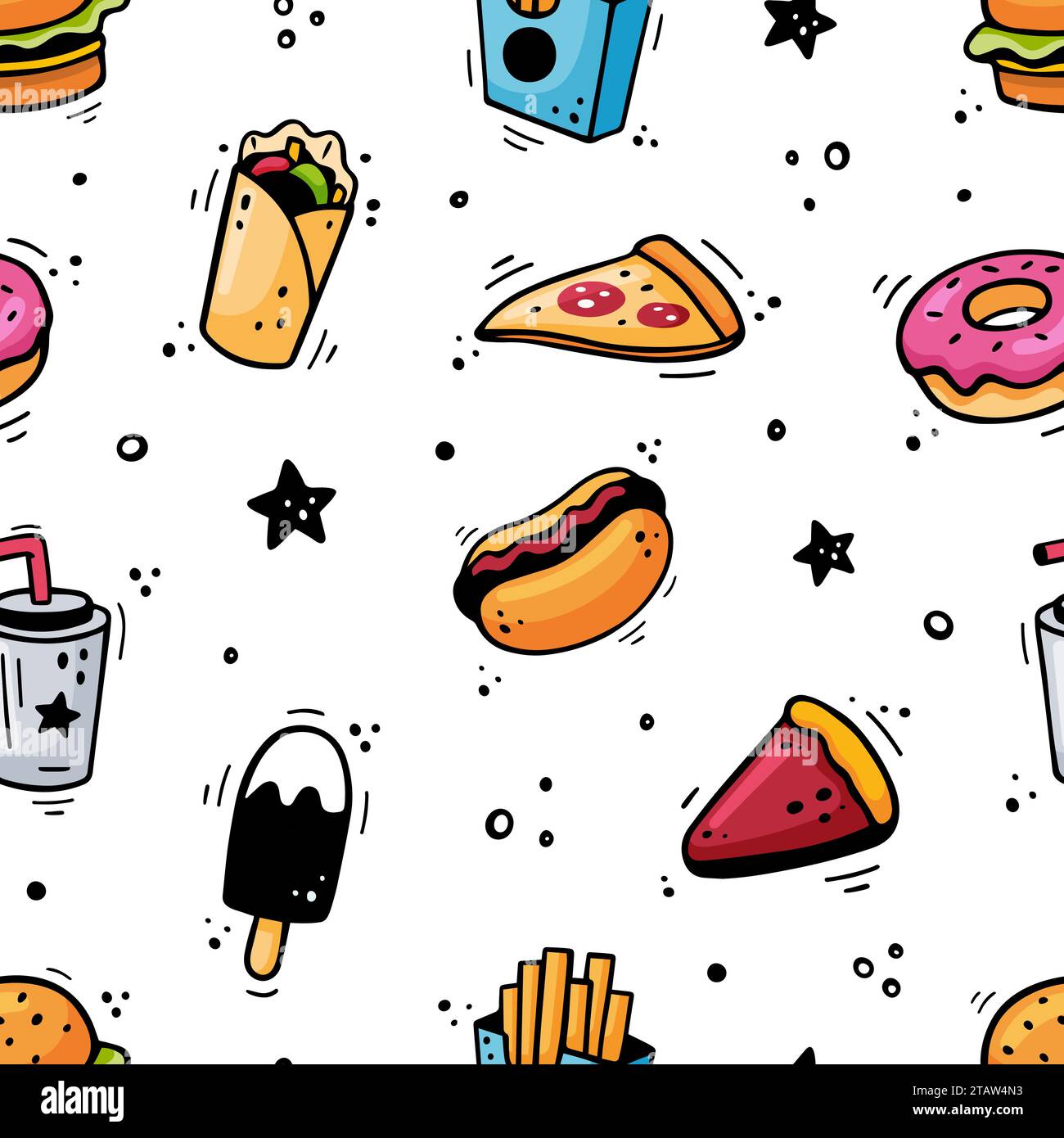 Fast food pattern. Hand drawn seamless pattern with fast food elements, burger, pizza, hot dog ...