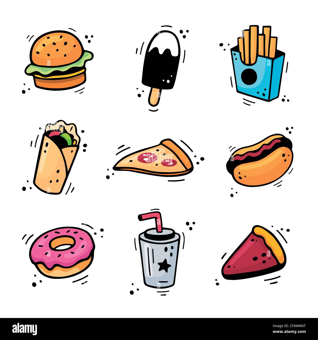 Fast food icons set - burger, French fries, paper cup with drink, ice ...