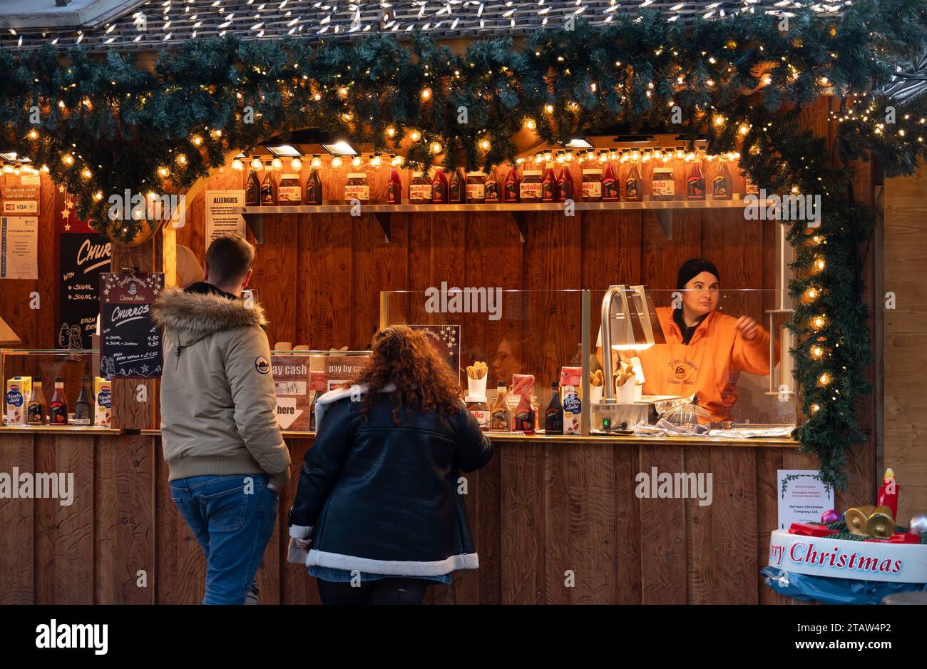 A food stall at the German market, Birmingham, West Midlands, England ...