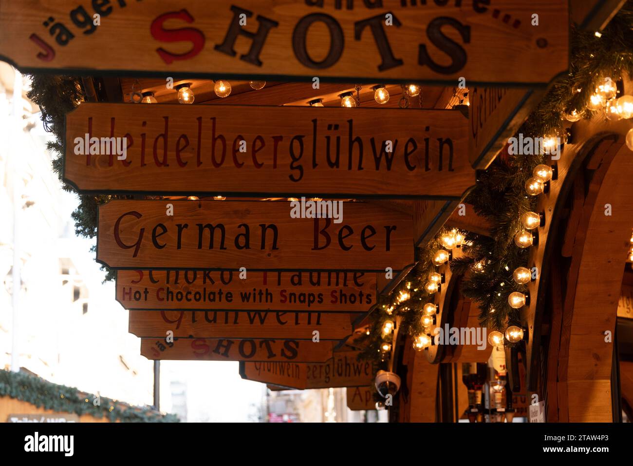 Drinks signs at the German market, Birmingham, West Midlands, England ...