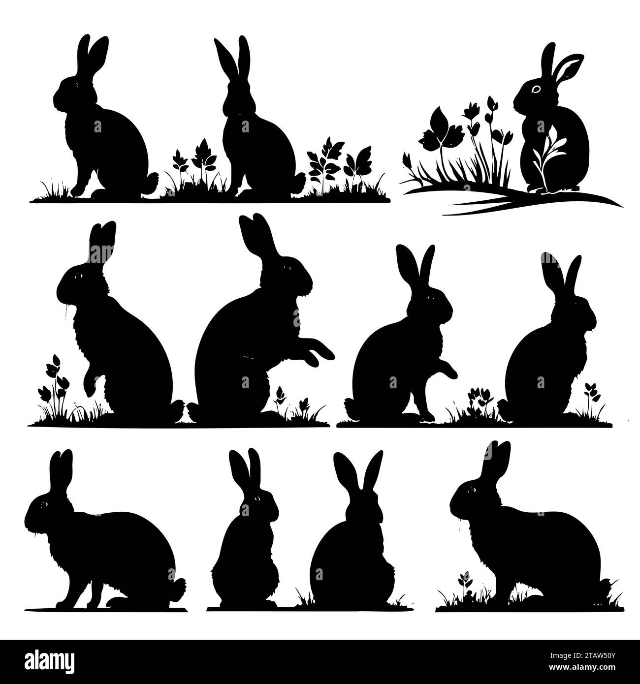 Various silhouettes easter bunnies isolated on white background. Set ...