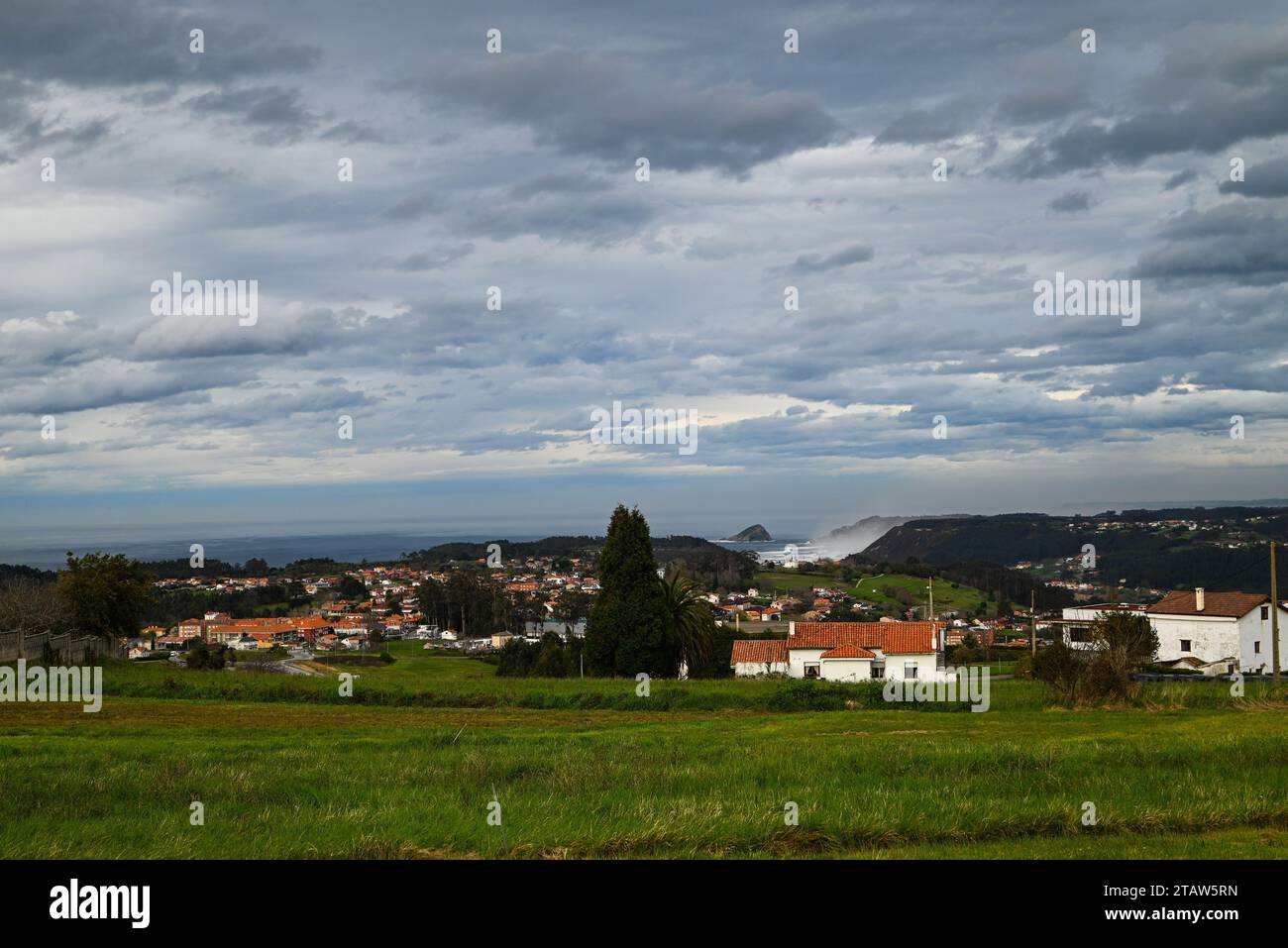 A landscape of coastal towns of the Cantabrian Sea in Somado, Asturias ...