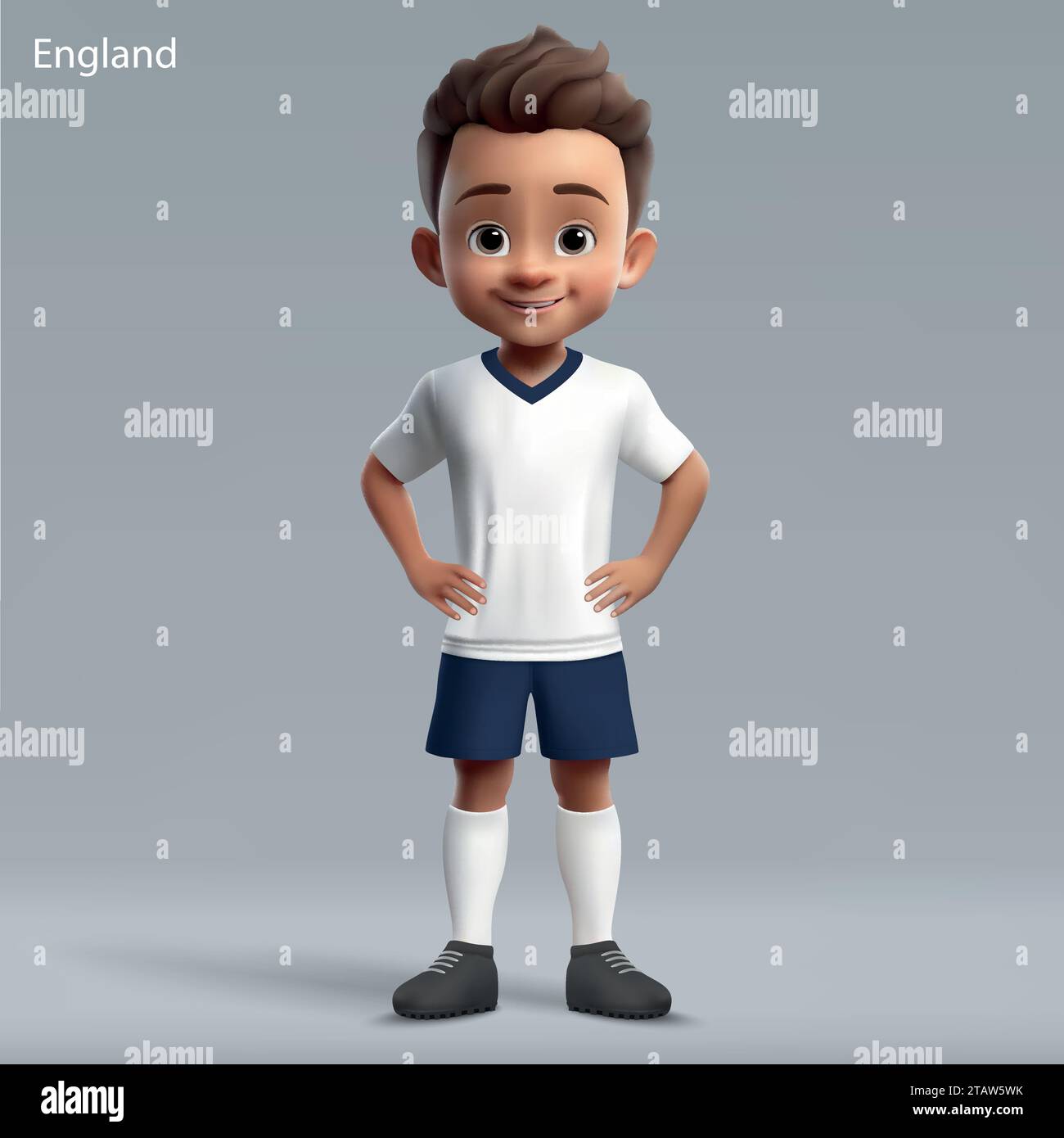 3d cartoon cute young soccer player in England national team kit ...