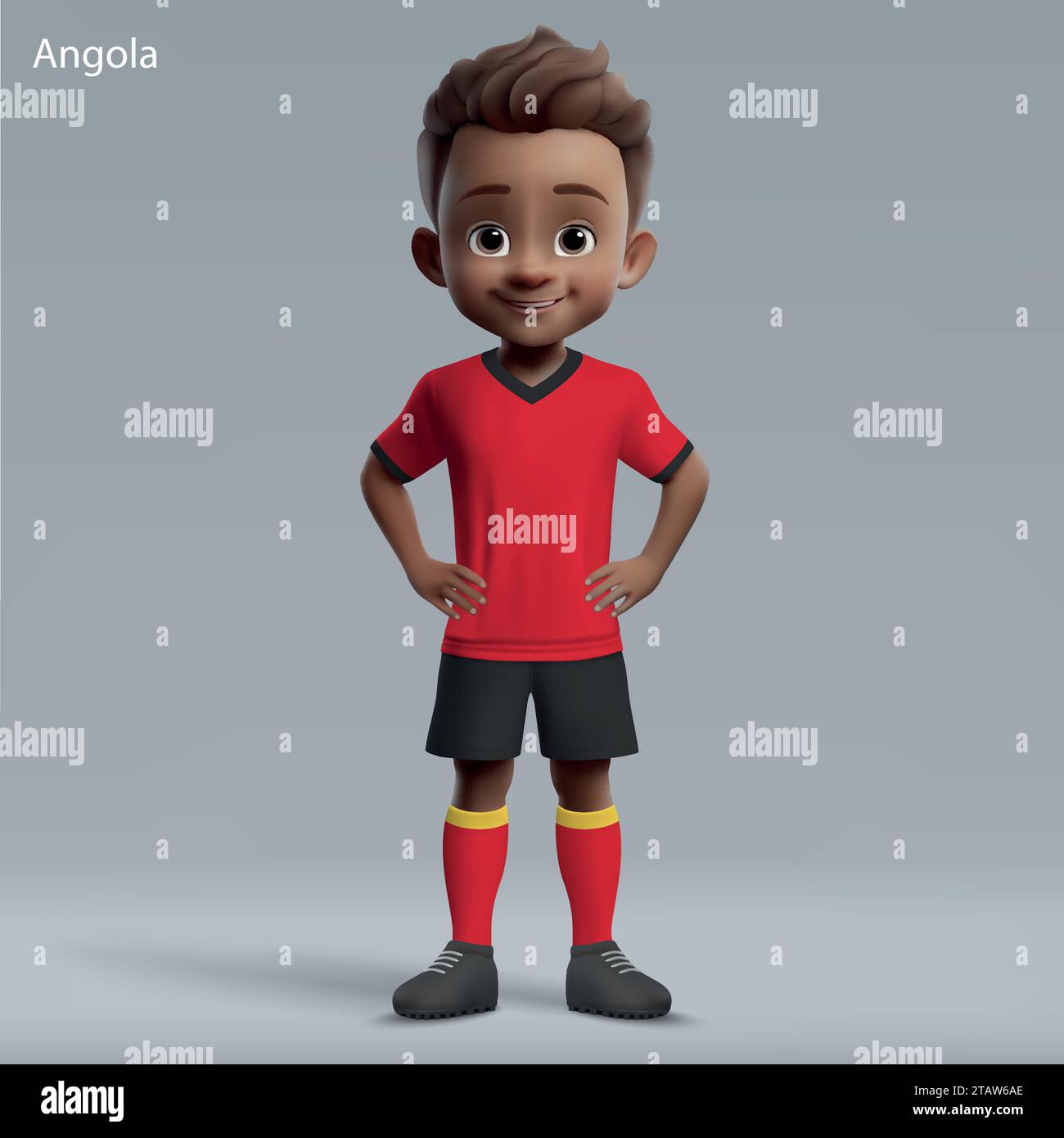 3d cartoon cute young soccer player in Angola national team kit ...
