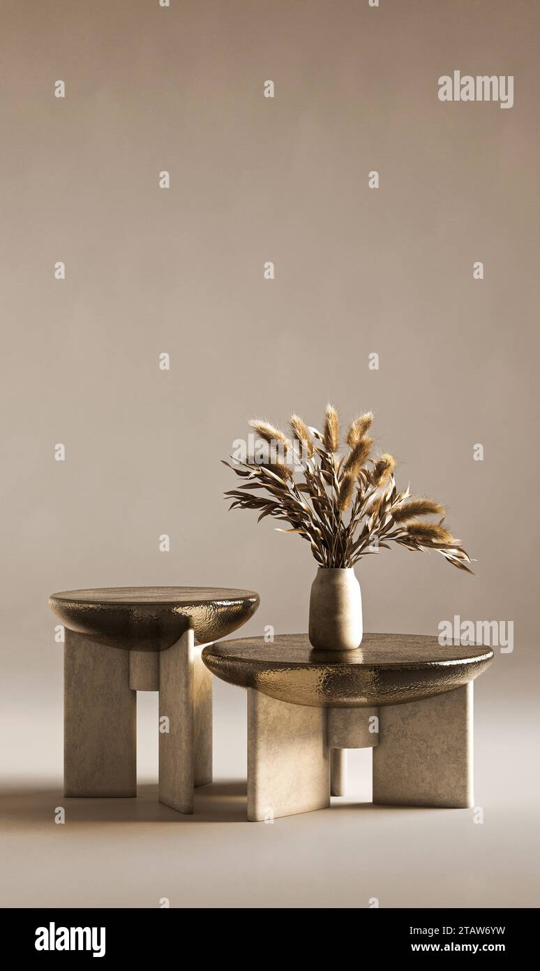 Elegantly simple 3d render composition of textured tables and vase with ...