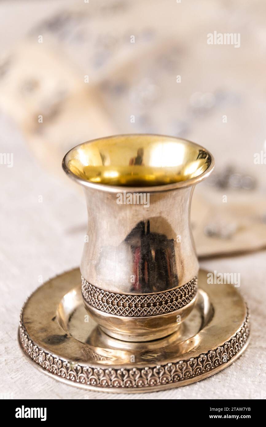 Traditional, decorative Jewish kiddush cup. Silver cup with saucer ...