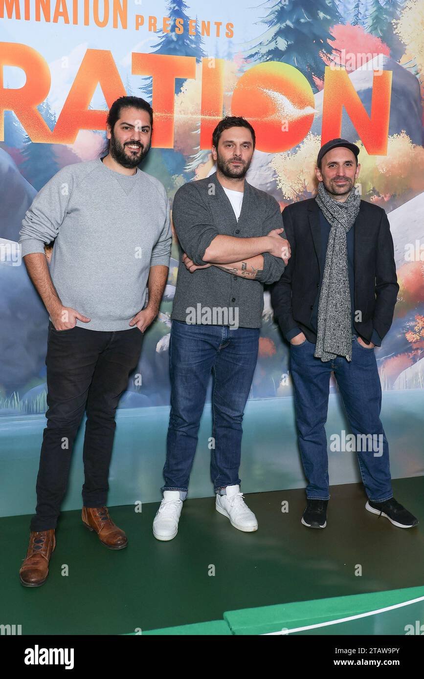 Paris, France. 03rd Dec, 2023. Guylo Homsy, Pio Marmai, Benjamin Renner attend 'Migration' Paris ...