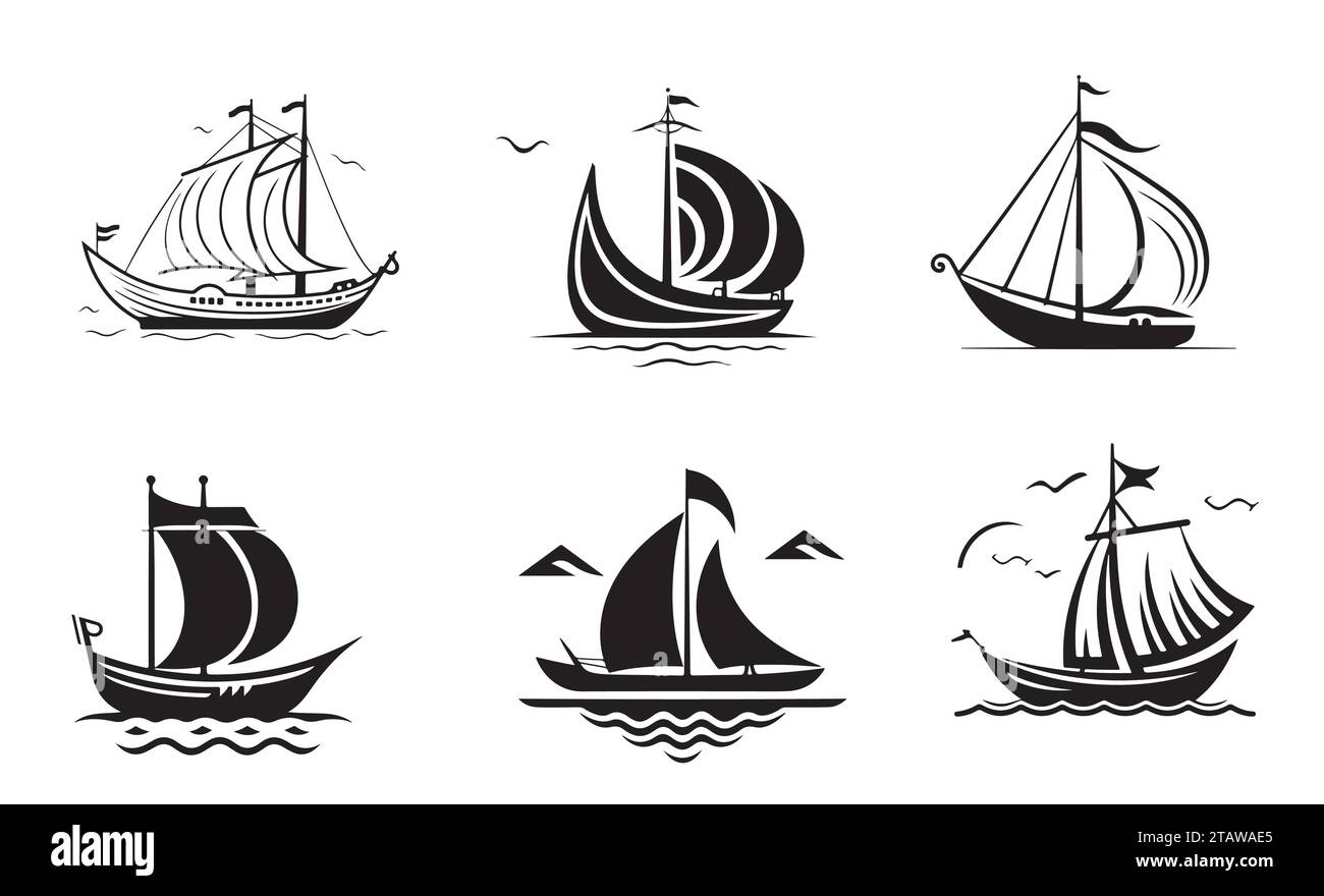 Set of sailing boat floats on waves. Small ship for recreation and ...