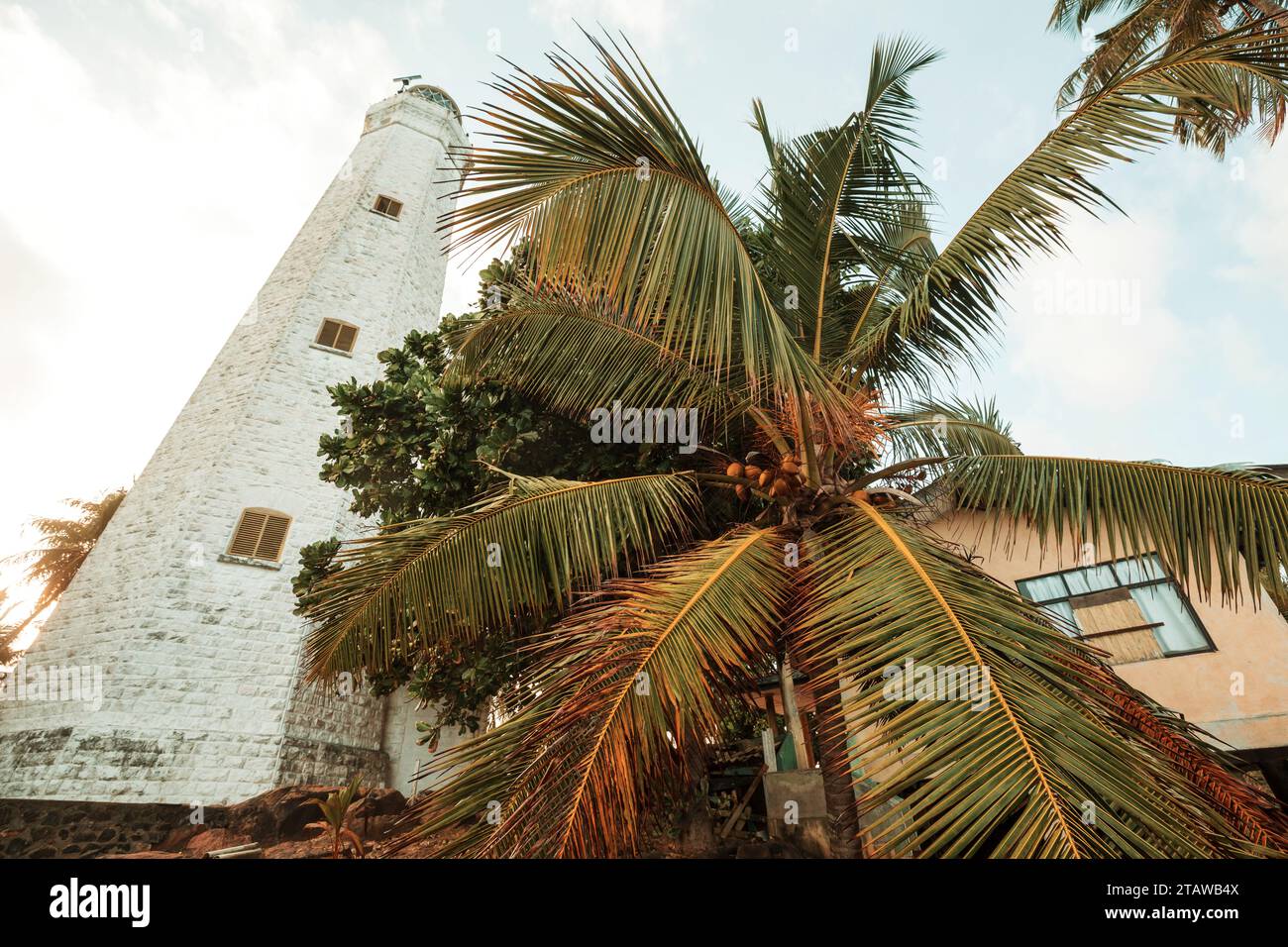 View of lighthouse Dondra and lights at sunset Matara, Sri Lanka Stock ...