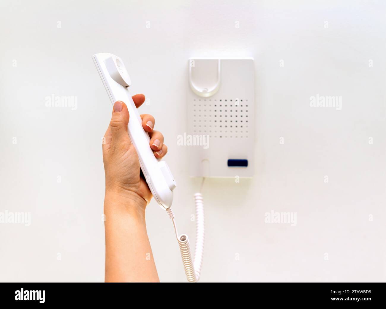 Handset of intercommunication device in female hand Stock Photo - Alamy