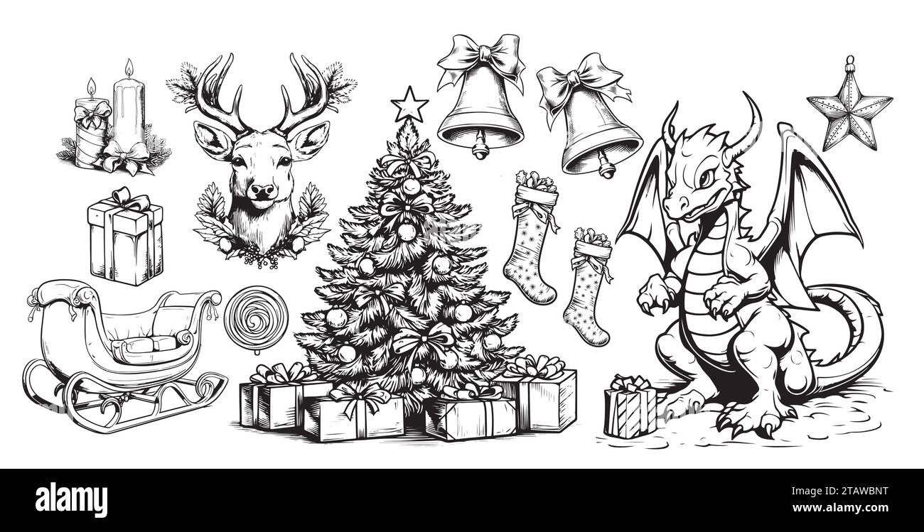 Christmas hand drawn decorations, vector elements. Traditional ...