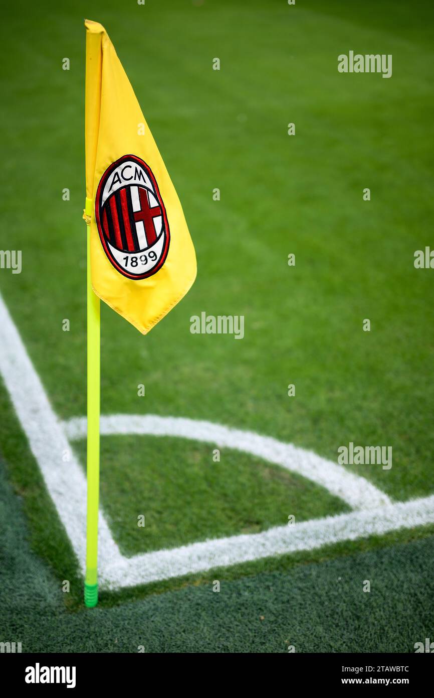 Milan, Italy. 2 December 2023. A corner flag bearing the logo of AC ...