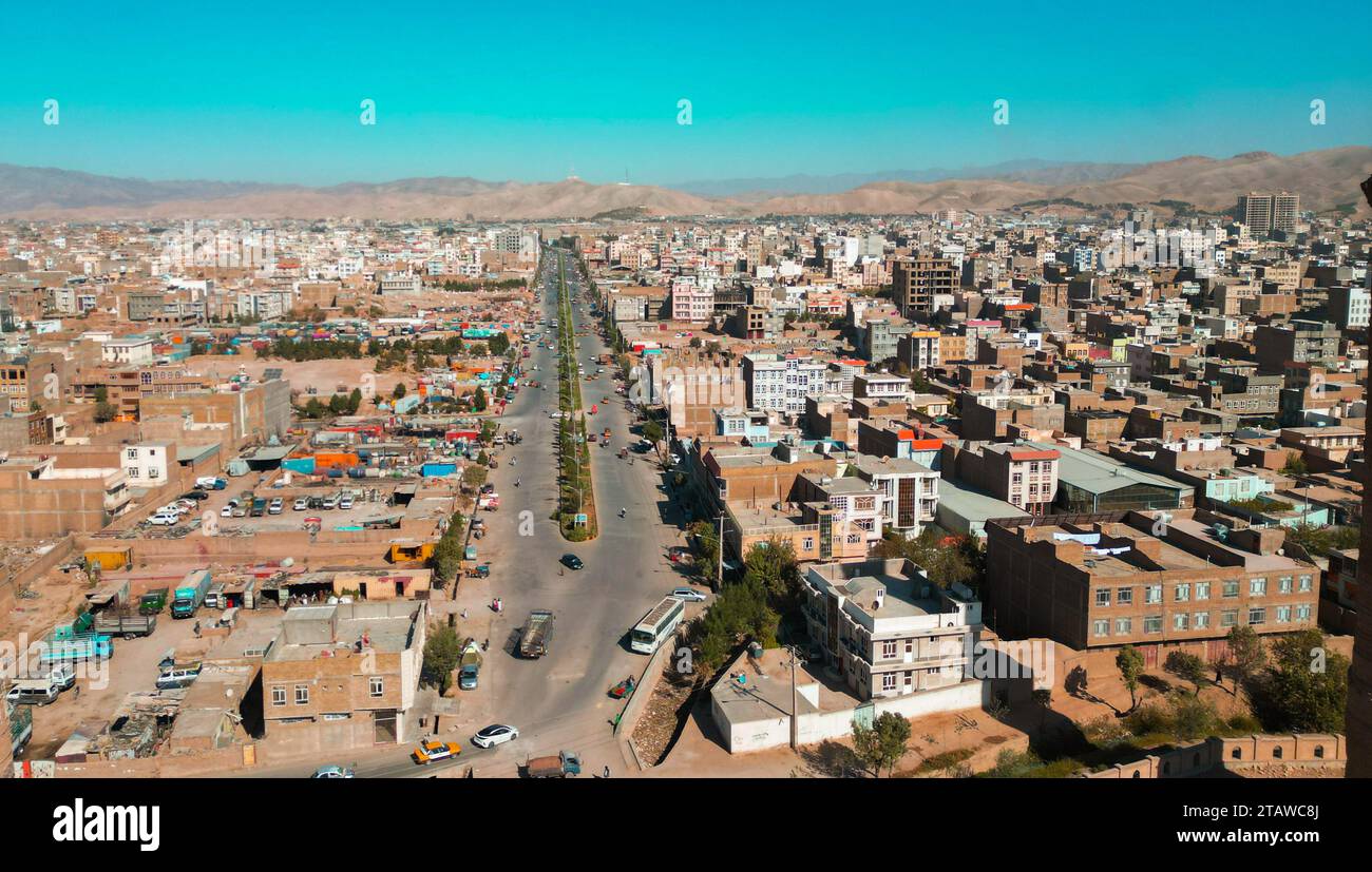 Aerial view of Herat city, Musalla Complex, Five Musallah Minarets of ...