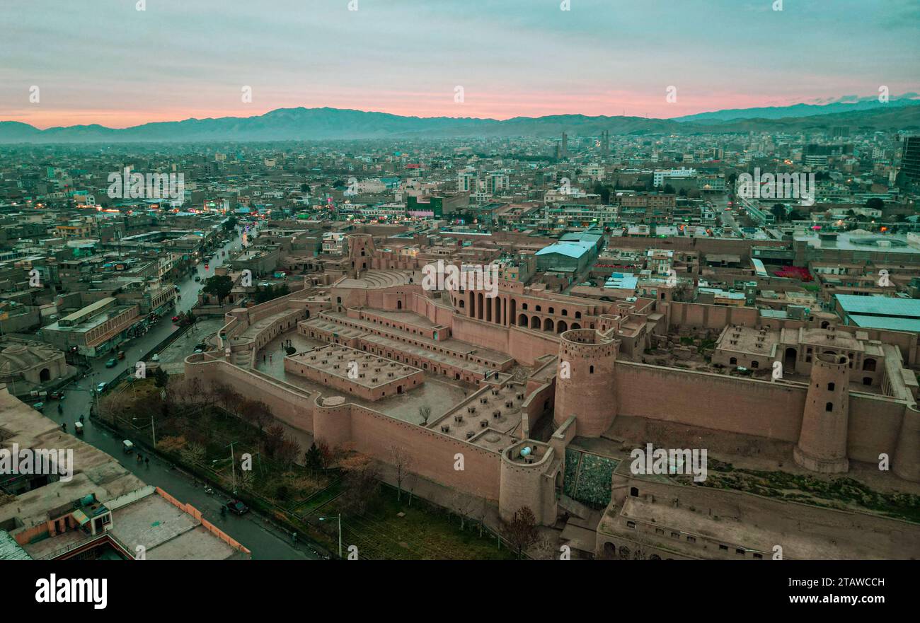 Aerial view of Herat city, Musalla Complex, Five Musallah Minarets of ...