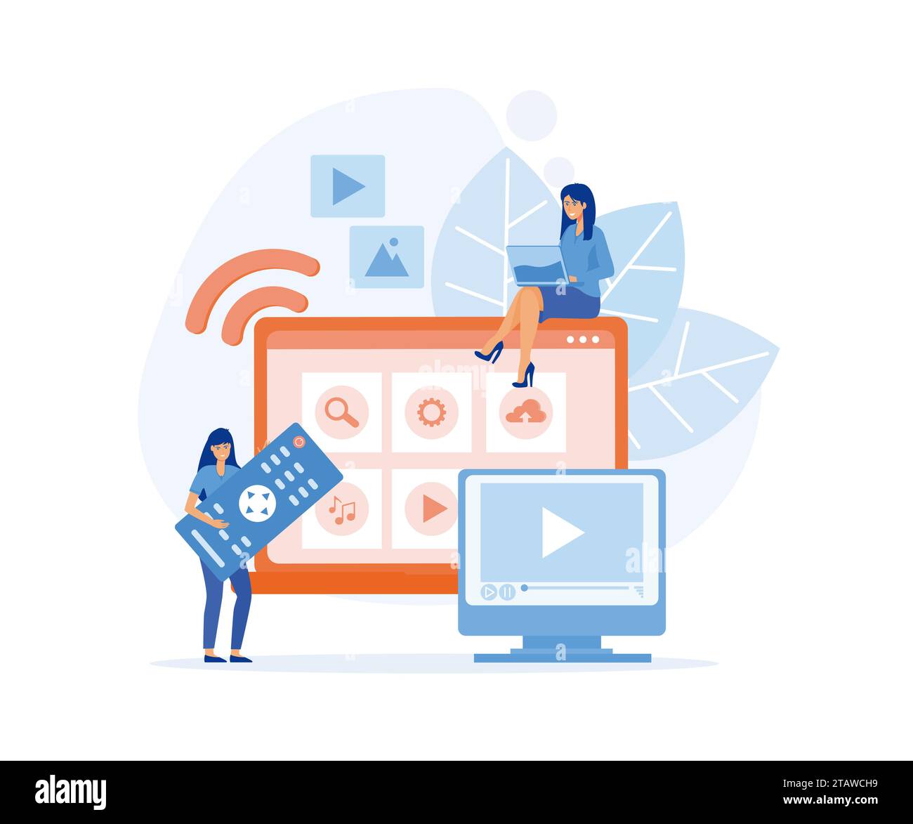 Menu Smart TV on laptop, people watch video, content, applications on multimedia box tv. Modern ...