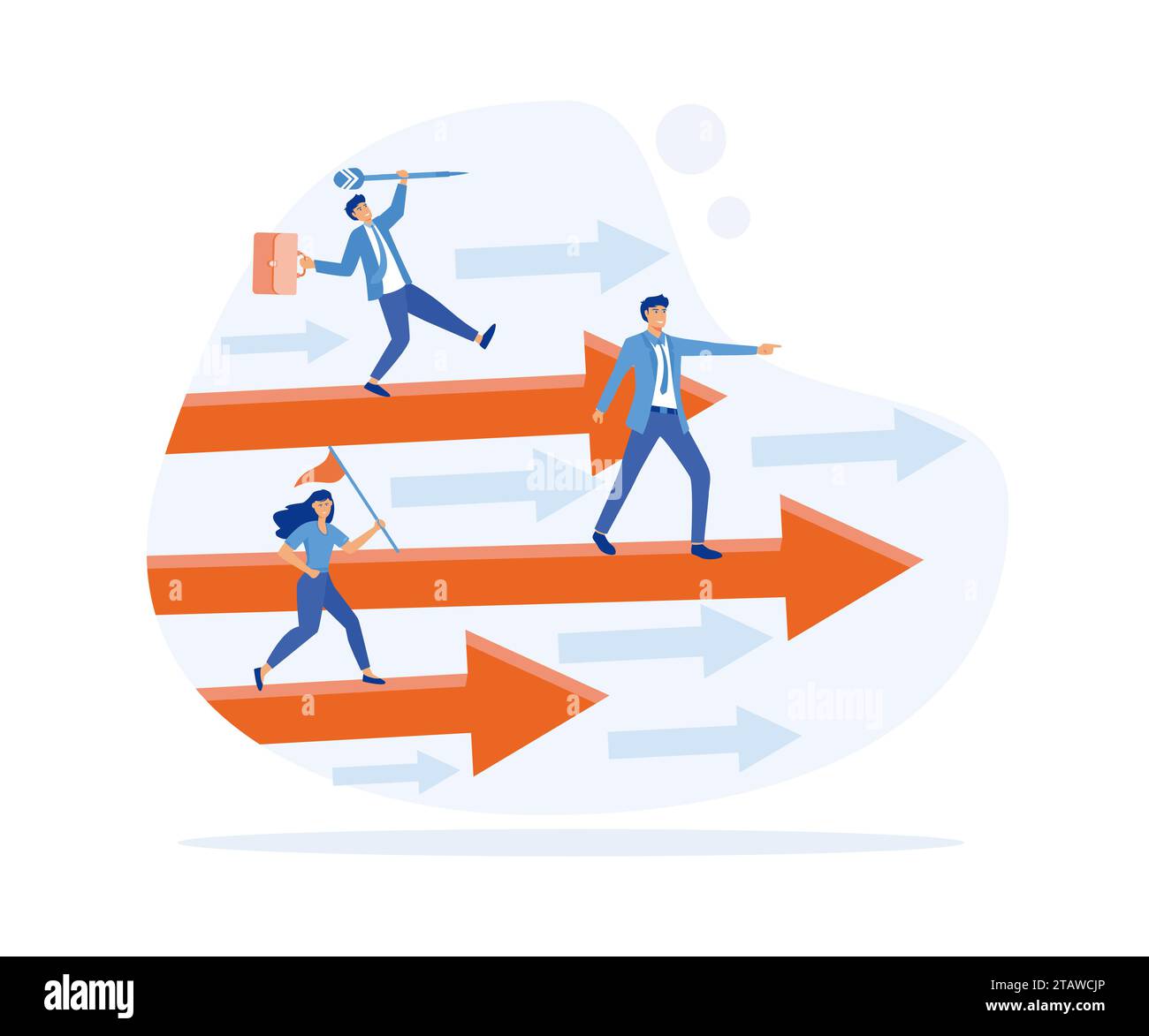 Business competition. Three business persons racing on the arrows, flat ...