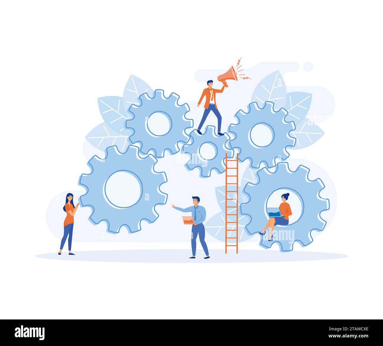 Digital Transformation, Businessman employee working with laptop on gears. flat vector modern ...