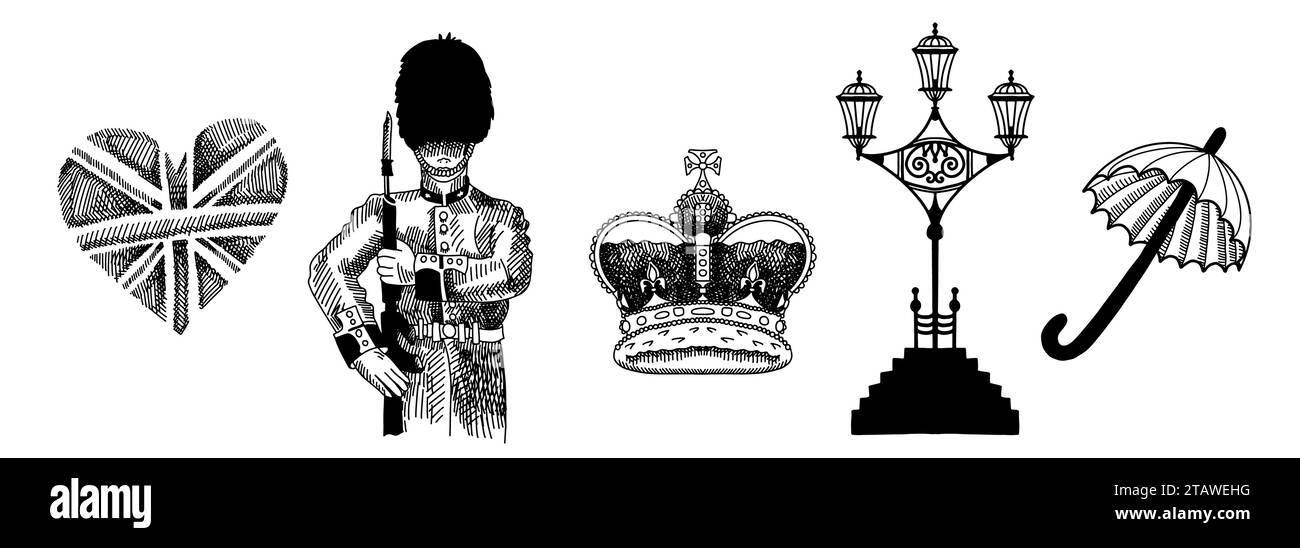 Doodle Great English London symbols - english crown, guard, umbrella ...