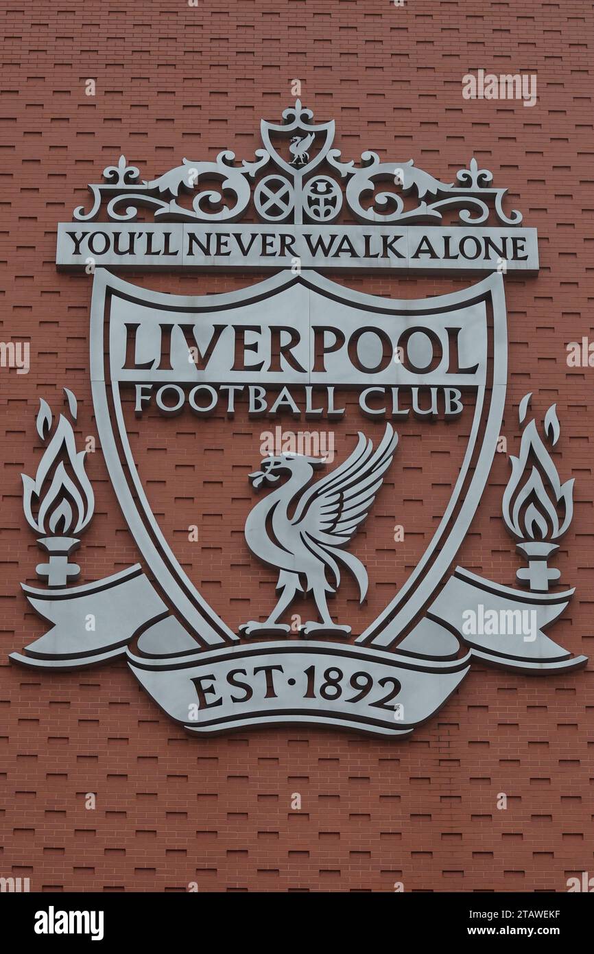 Liverpool, UK. 03rd Dec, 2023. The Liverpool badge on the side of ...