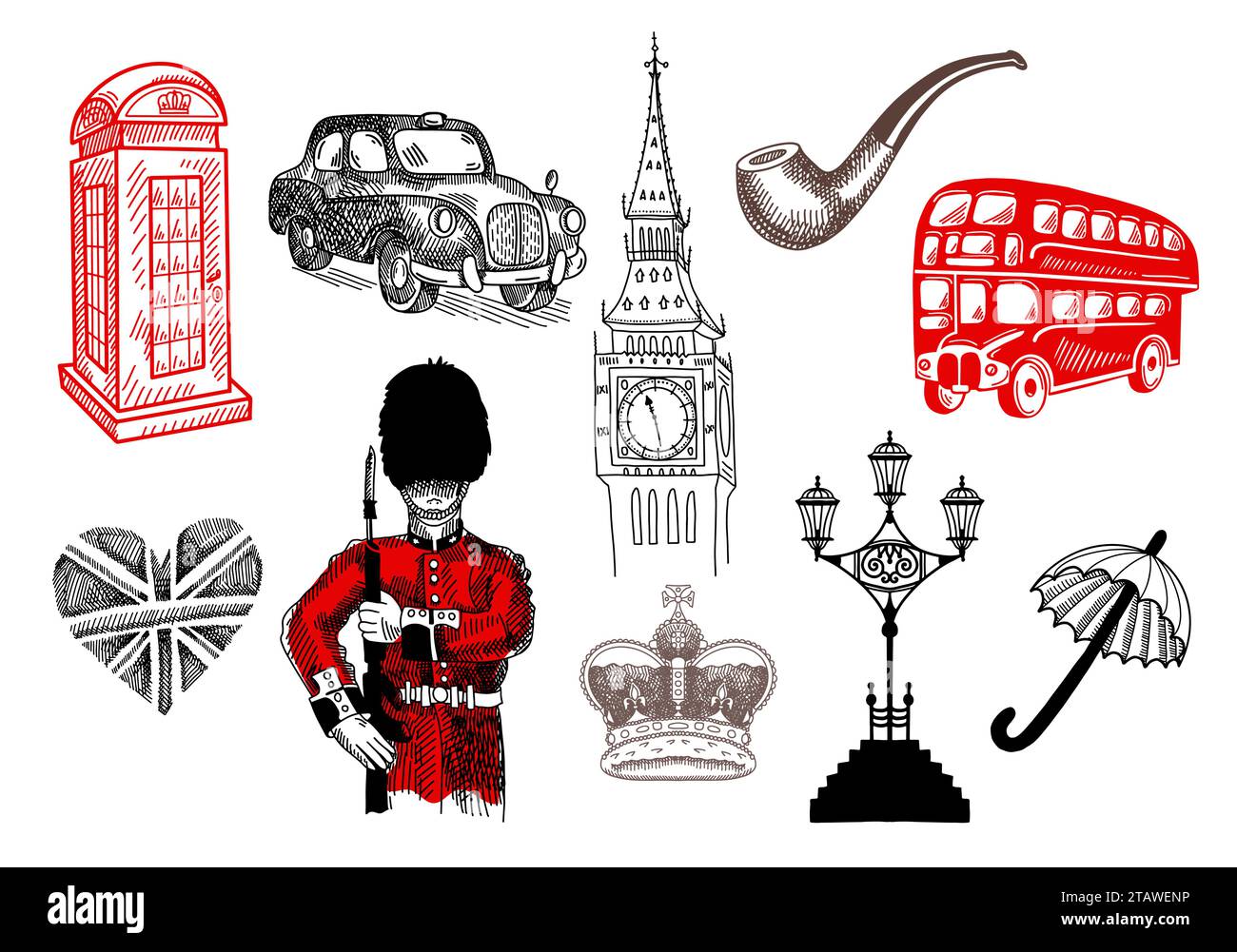 Great English London traditional symbols collection, United Kingdom ...