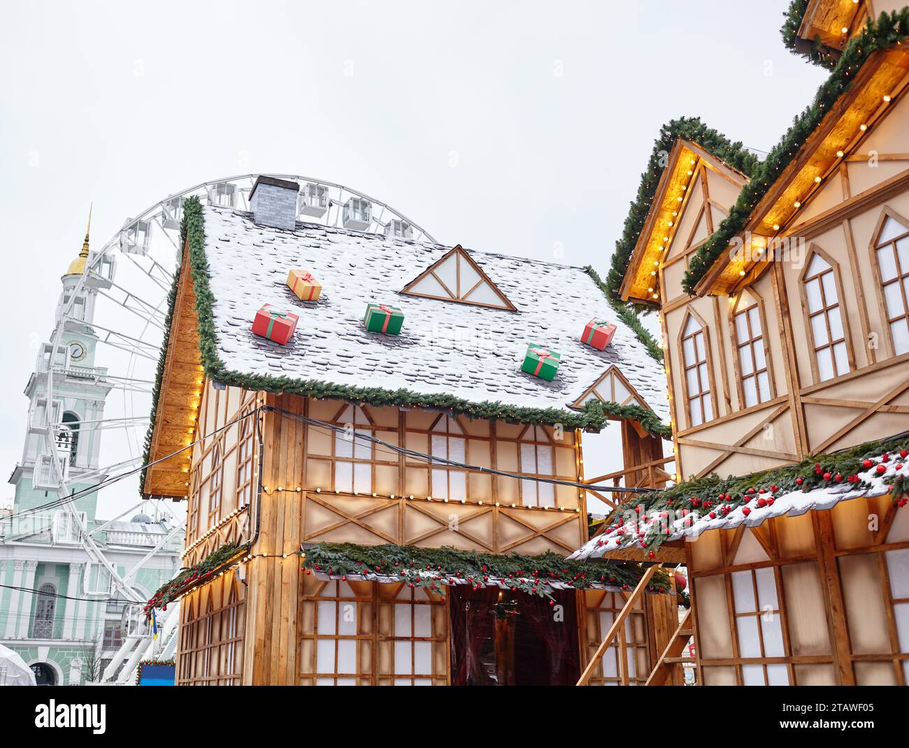 The roof of House Decorated for the Christmas in Europe city. Facade of ...