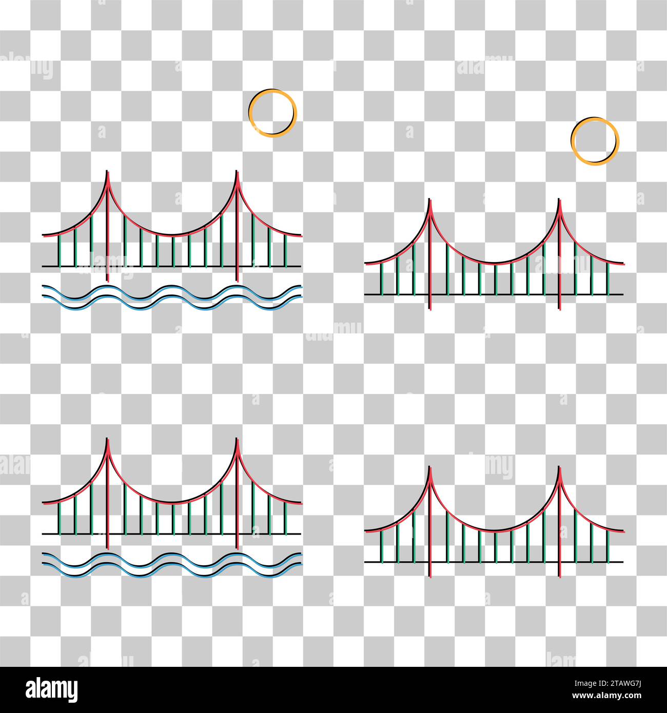 Set of Silhouette bridge icon, urban architecture design, travel line ...