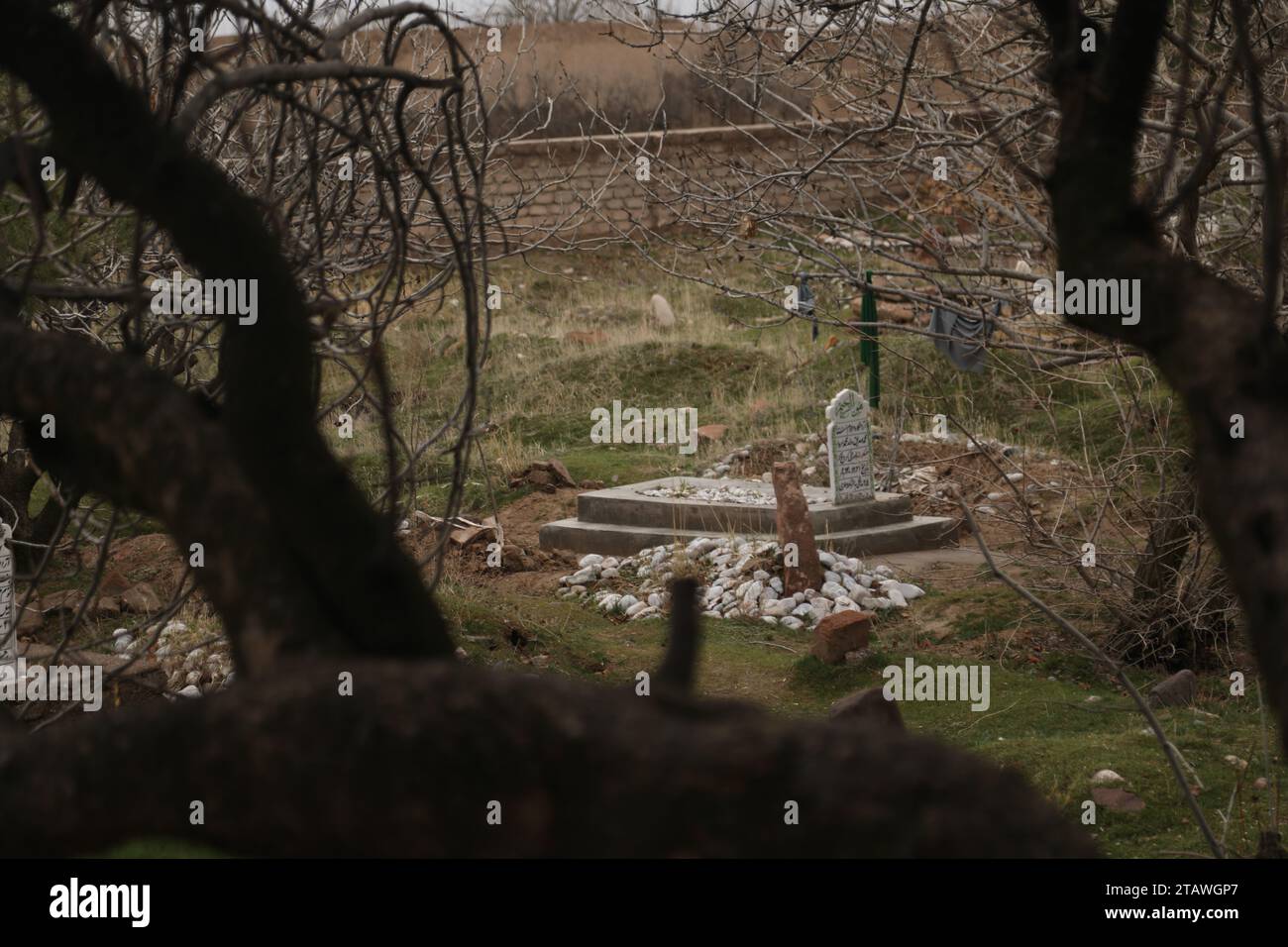 Graveyard in a green environment, with an Arabic sentence written on ...