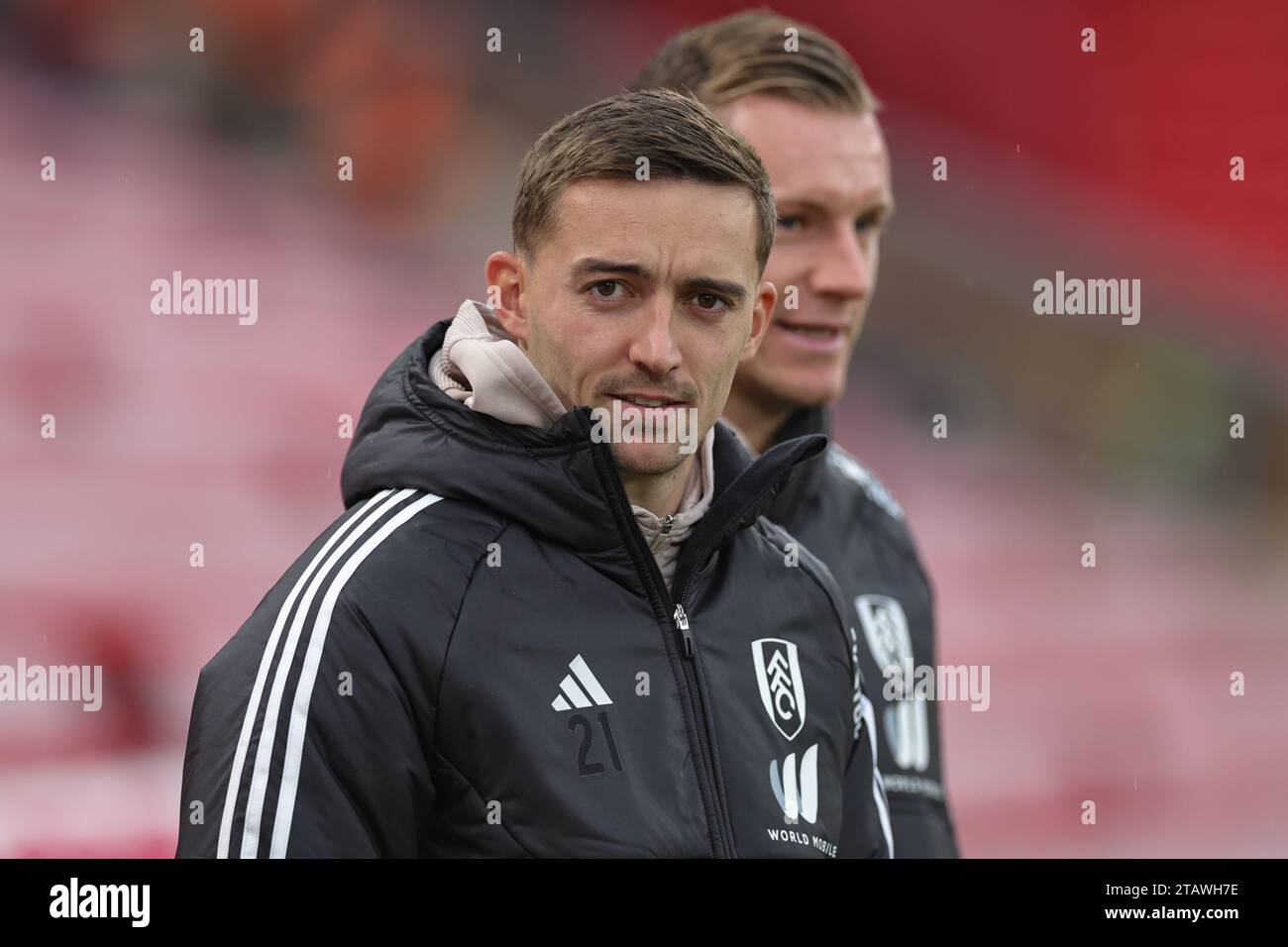 Timothy Castagne #21 of Fulham arrives ahead of the Premier League ...