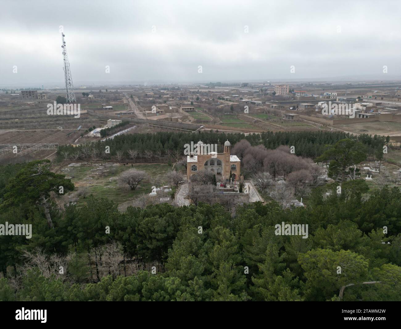 Aerial view of an Islamic mosque located amidst a green village Stock ...