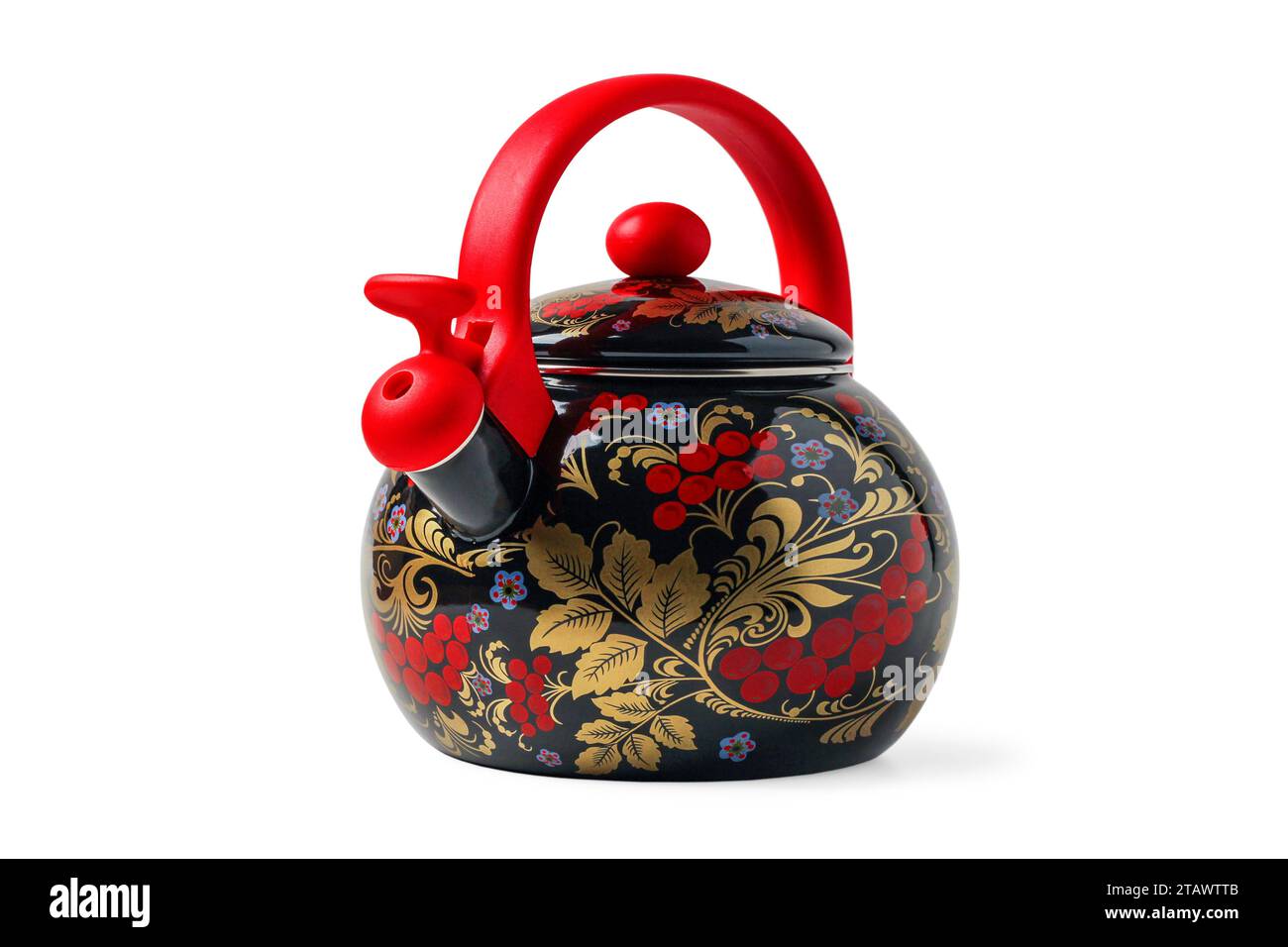 Metal kettle with a whistle in Russian folk style with a Gzhel pattern ...