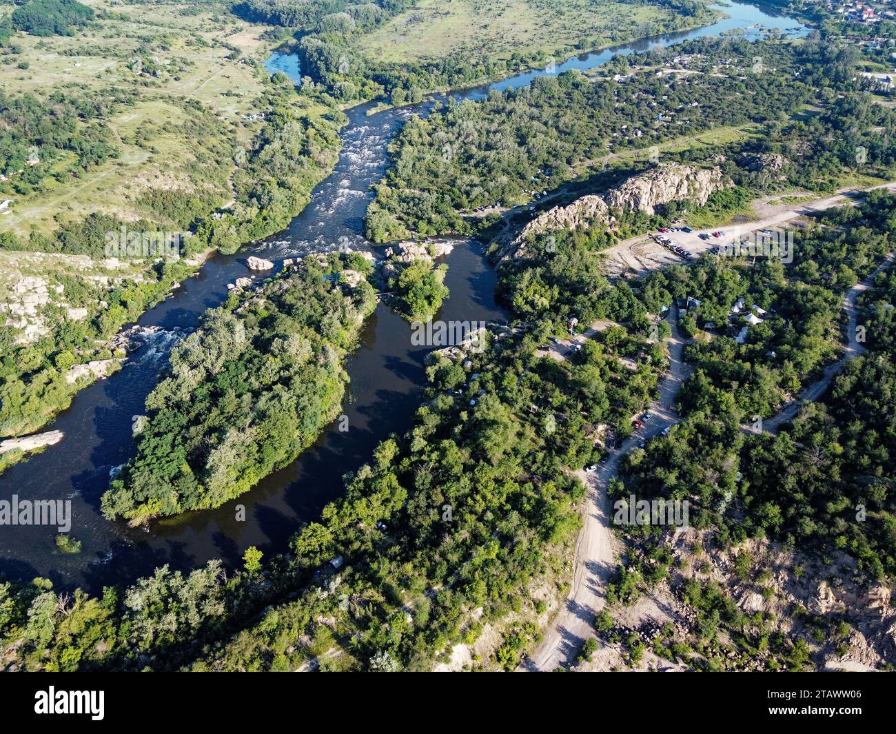 Winding bed of the Southern Bug river. River, landscape from a bird's ...