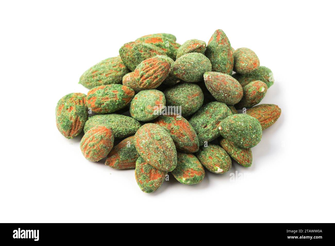 Handful of spicy almonds with wasabi isolated on white background Stock ...